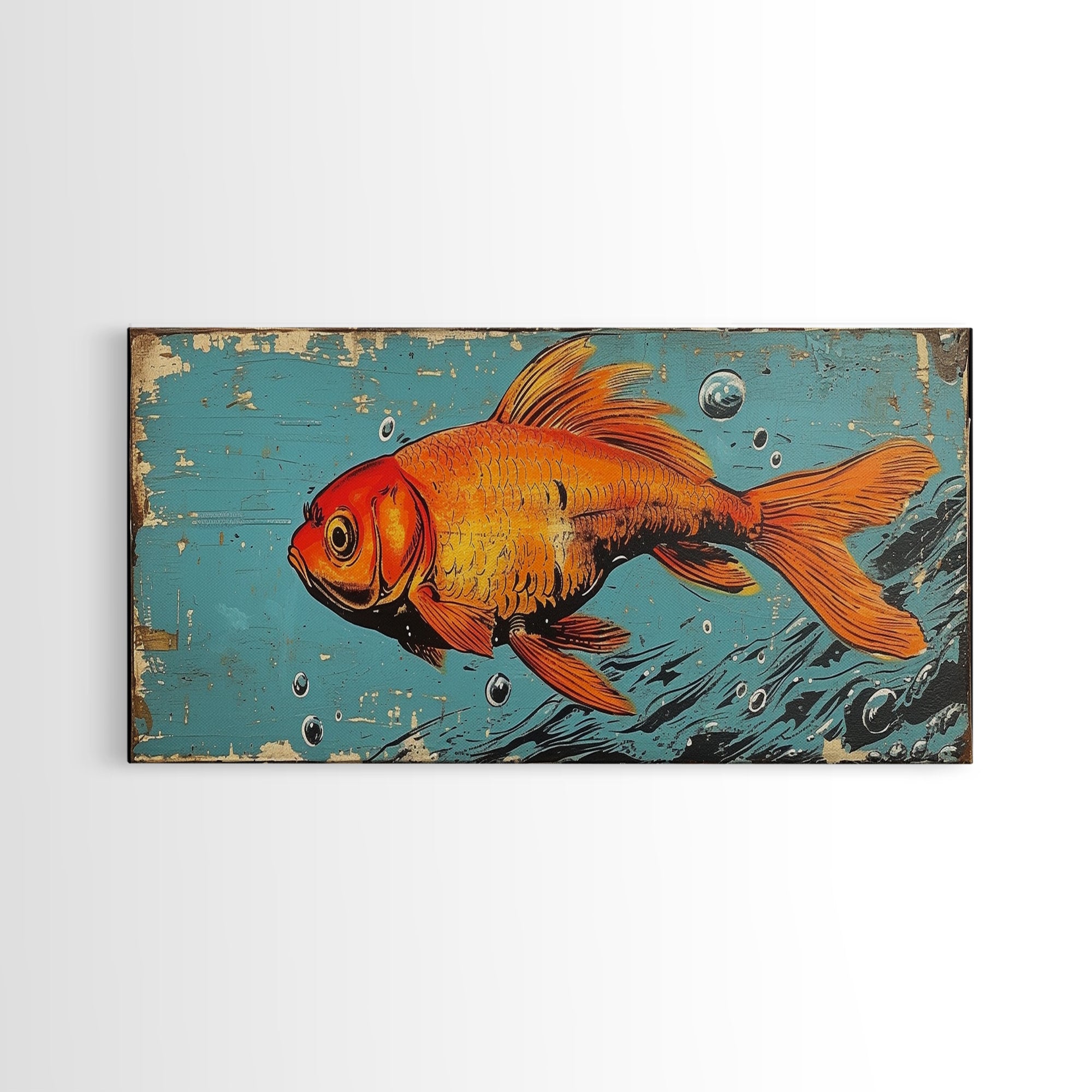 Retro 80s Style Painting of a Gold Fish, Framed Canvas Print, Home Dec ...