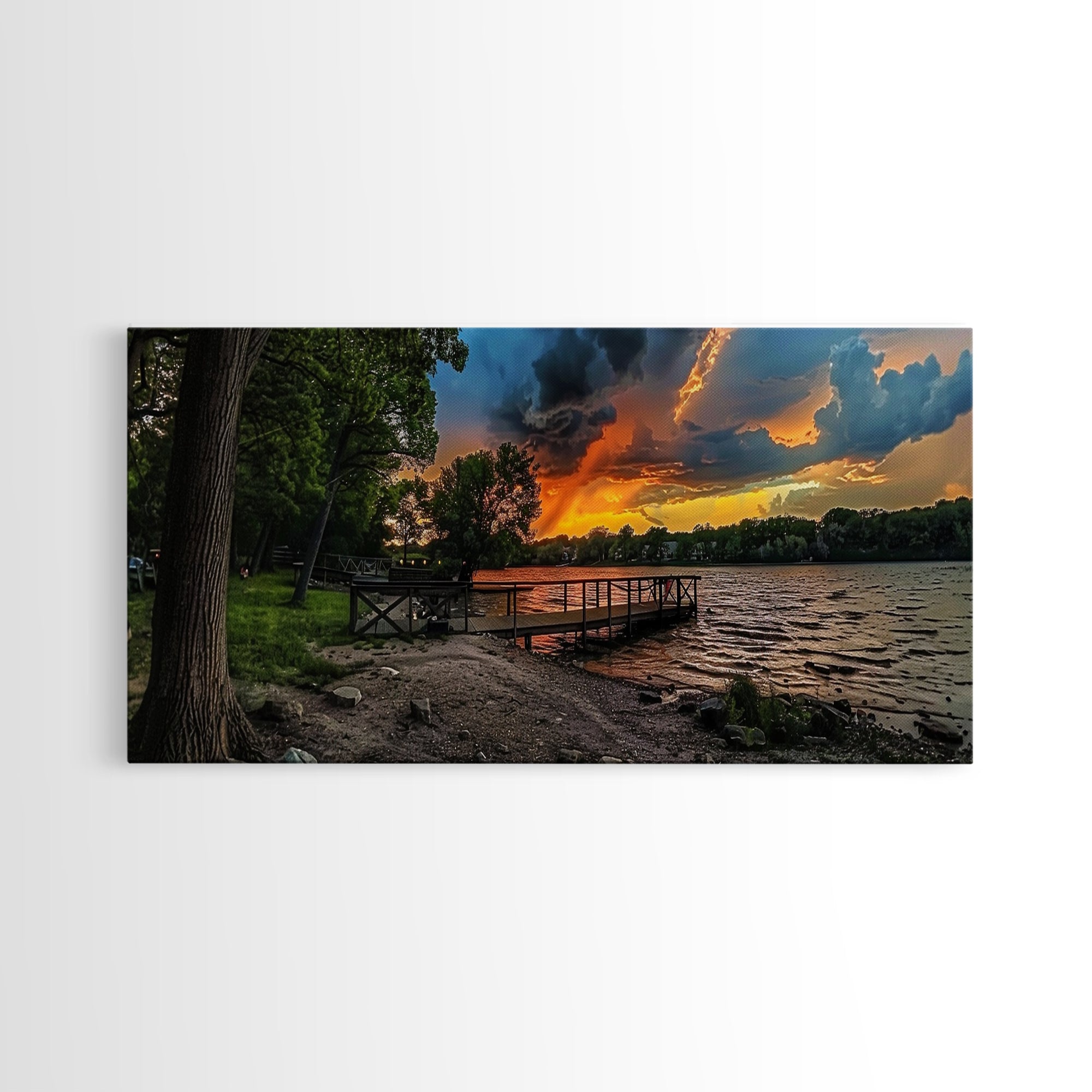 Sunset At The Lake Framed Canvas Print, Lakehouse Decor, Rustic Modern ...