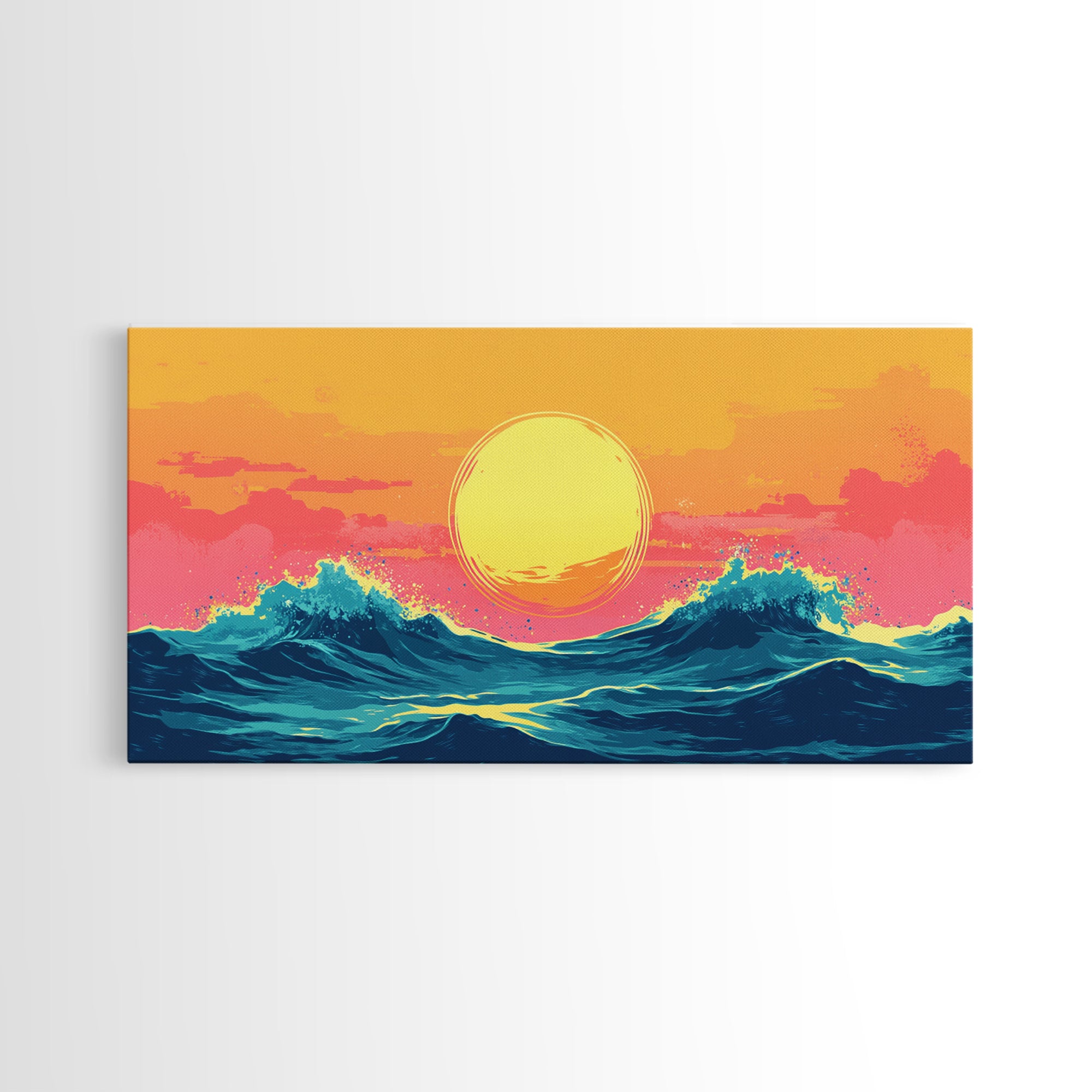 Synthwave Sunset Over Ocean Waves, Framed Canvas Print, Retro 80s Insp ...