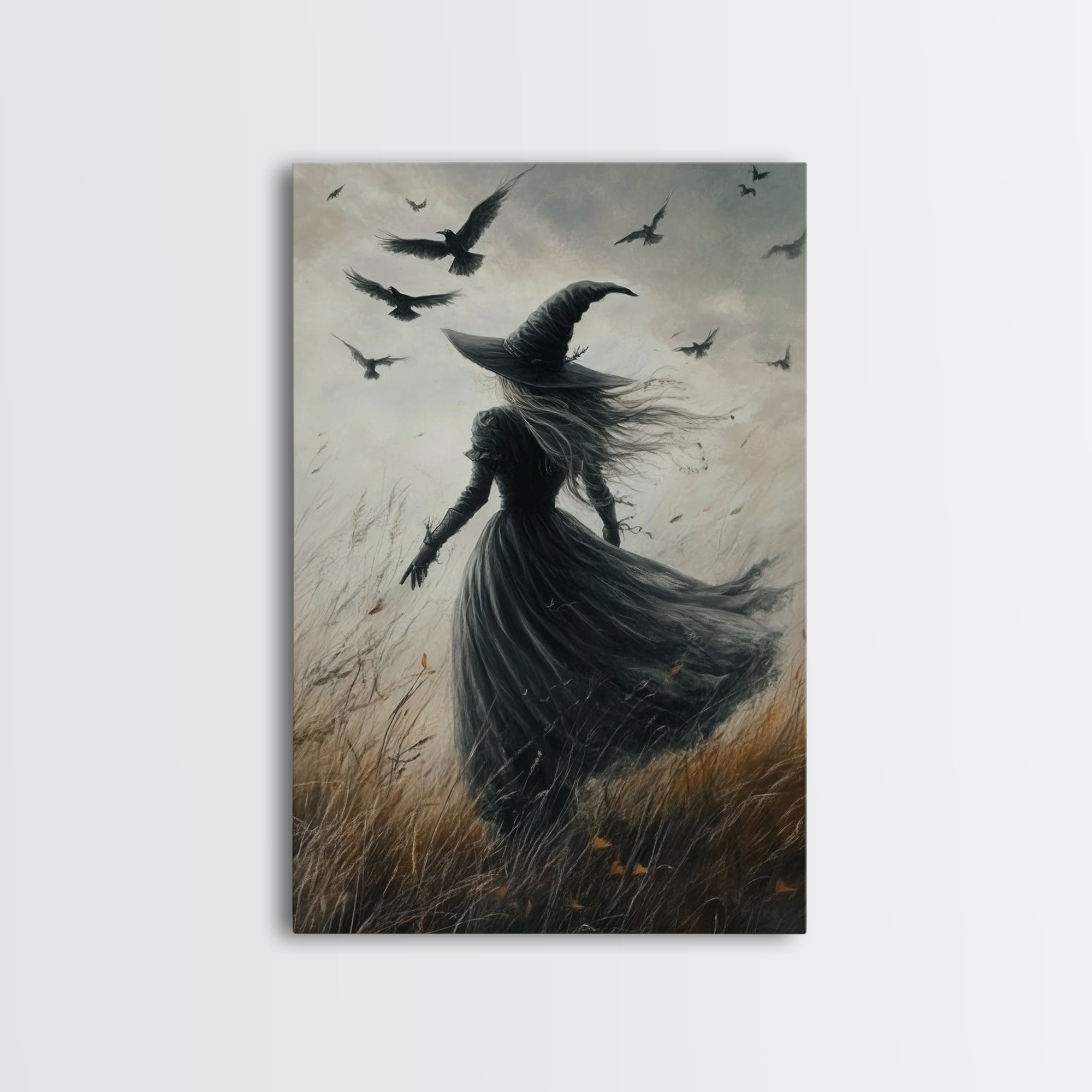 The Witch and her Ravens, Framed Canvas print, Spooky Season Halloween ...