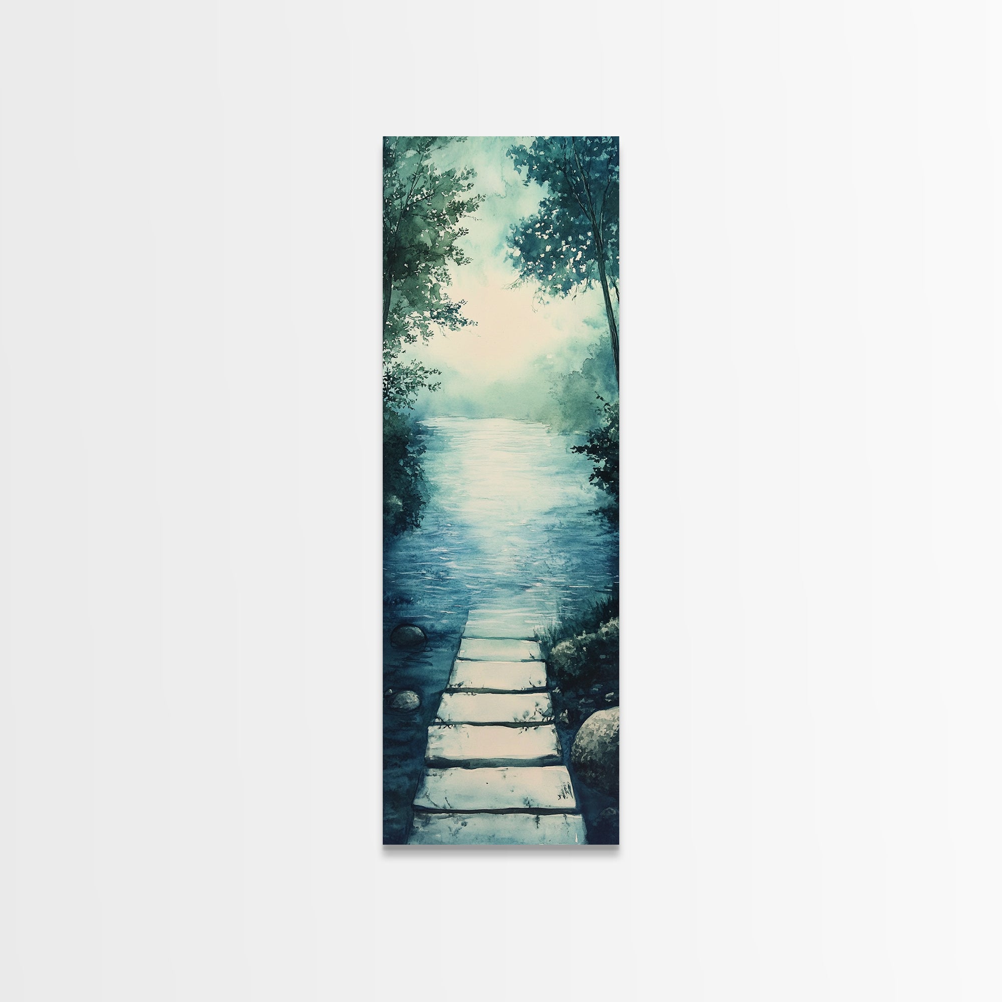 River Path Landscape Framed Canvas Print, Serene Blue and Green Coasta ...