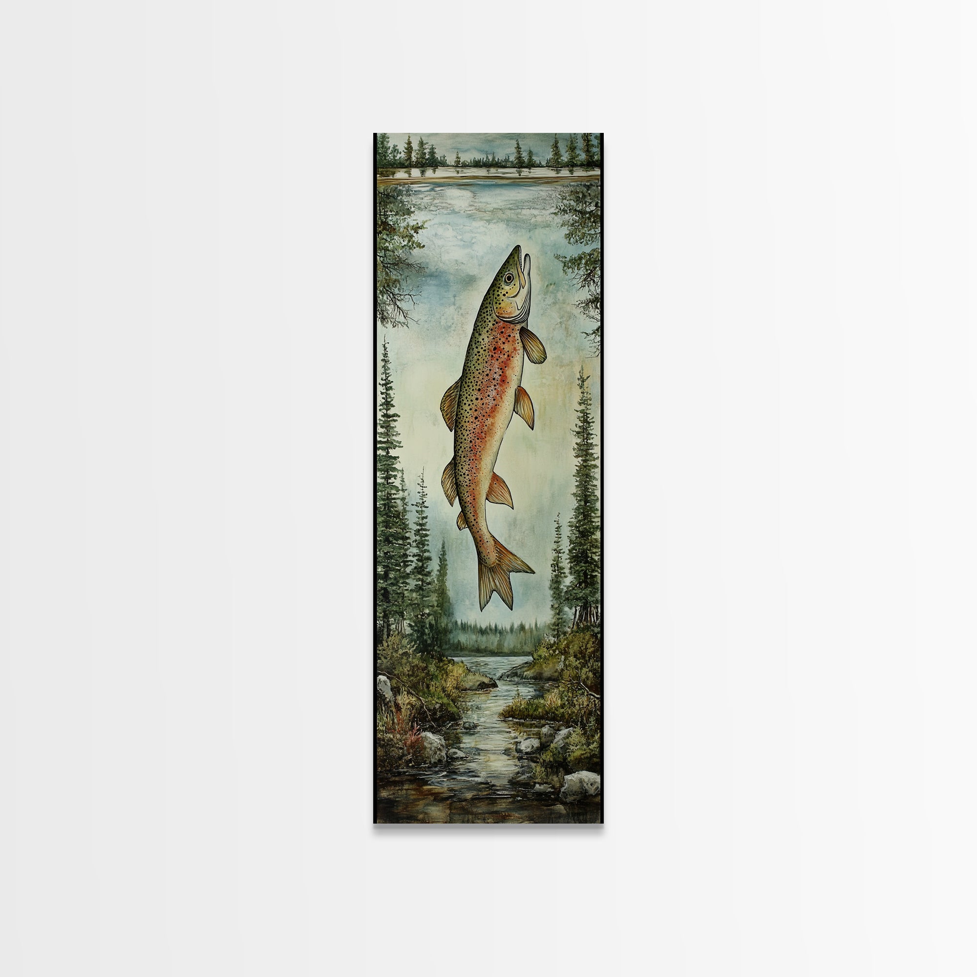 Trout In Mountain Scene Framed Canvas Print Rustic Landscape Art Fly F ...