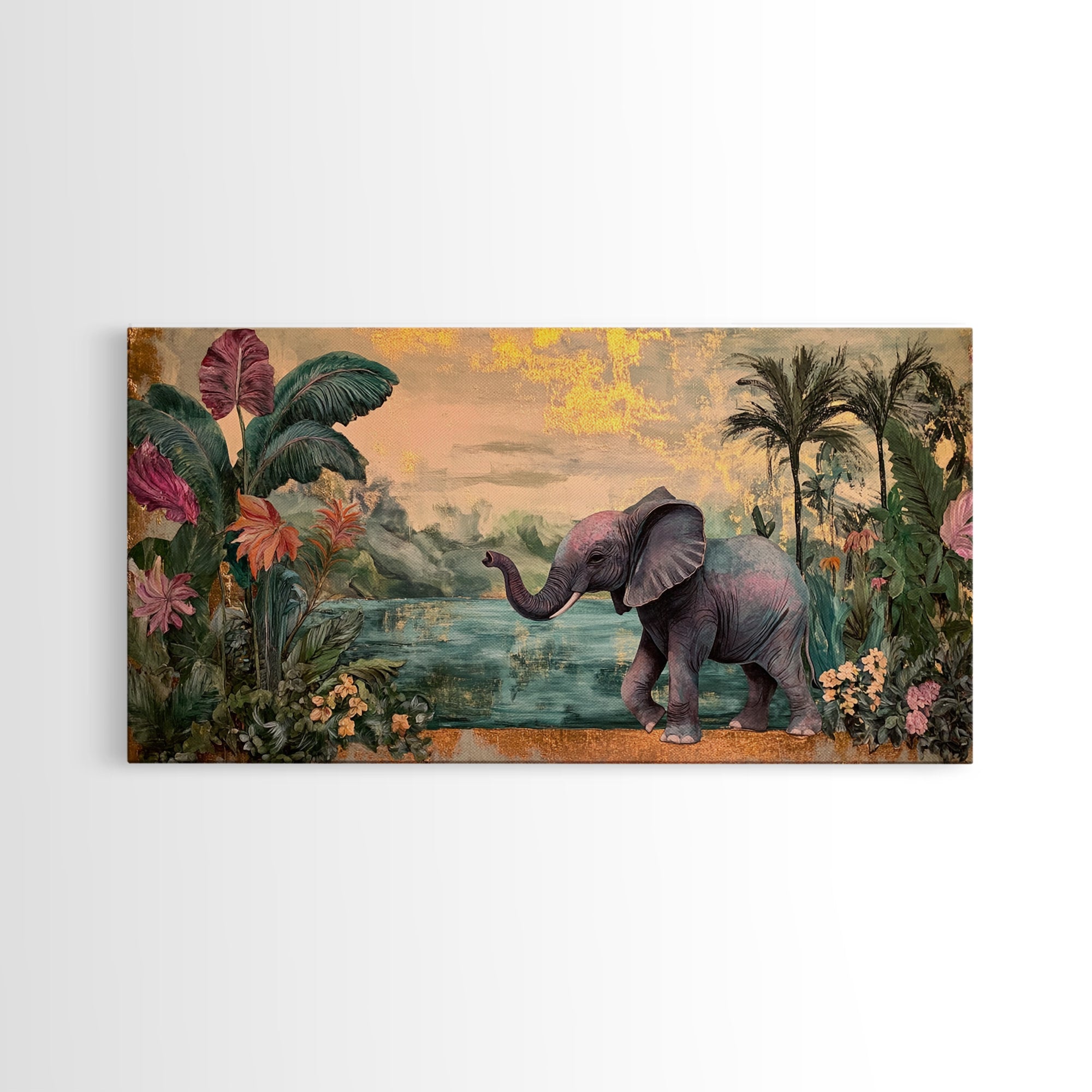 Exotic Jungle Elephant Canvas Print Rustic Botanical Decor Moody Art W ...