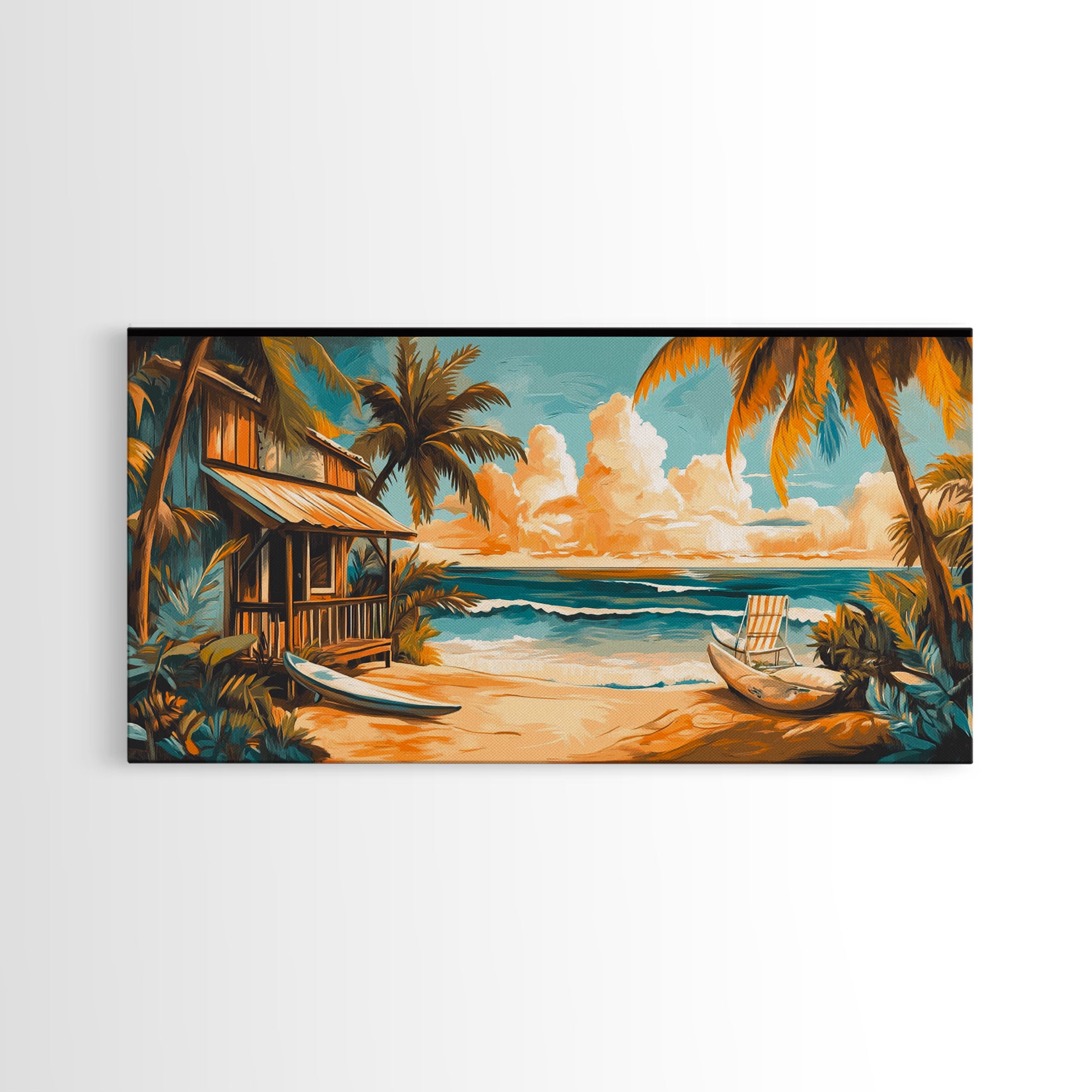 Sunset Surf Shack Canvas Print Nautical Wall Art Coastal Painting Rust ...