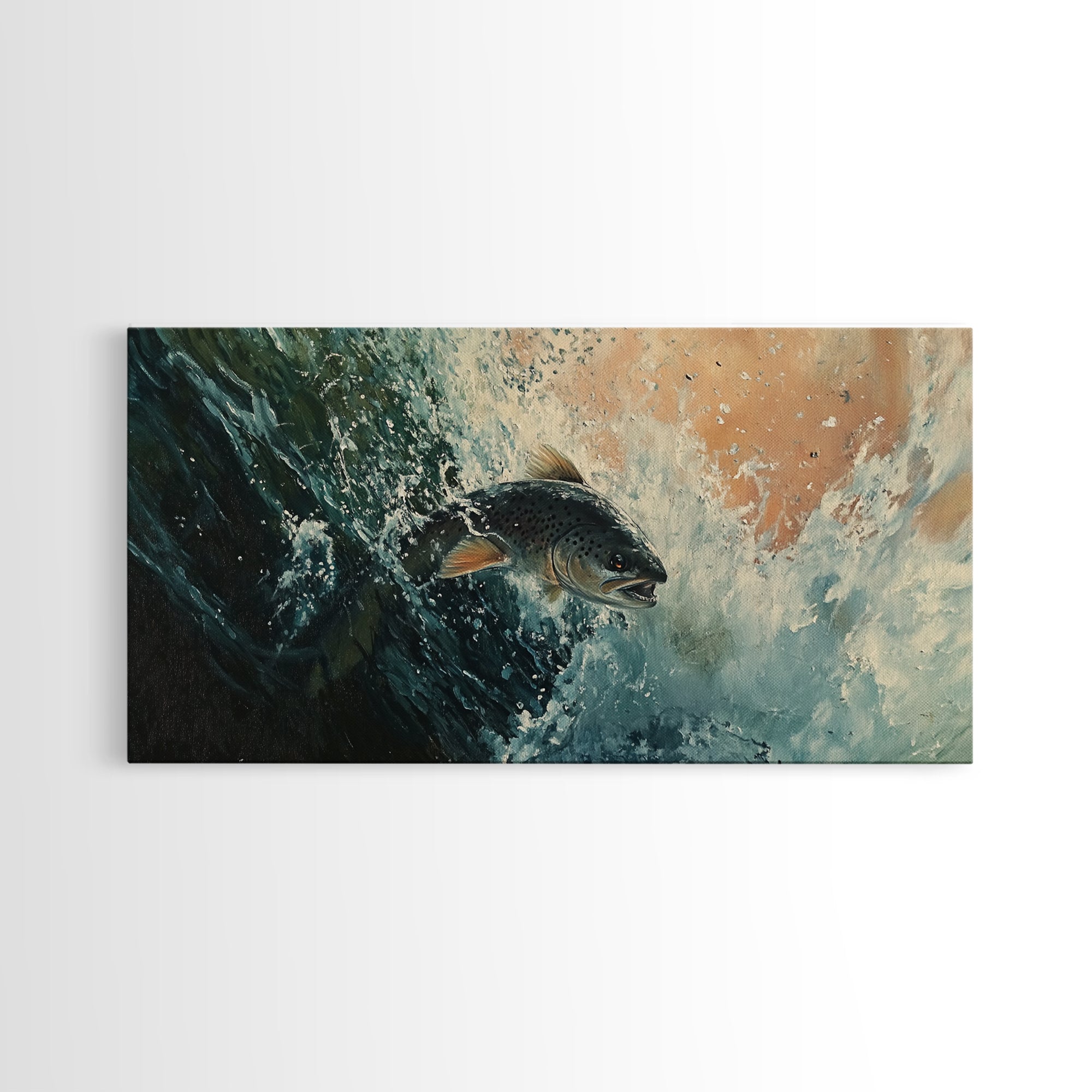 Rustic Trout Art Framed Canvas Print, Fly Fishing River Scene Wall Dec ...