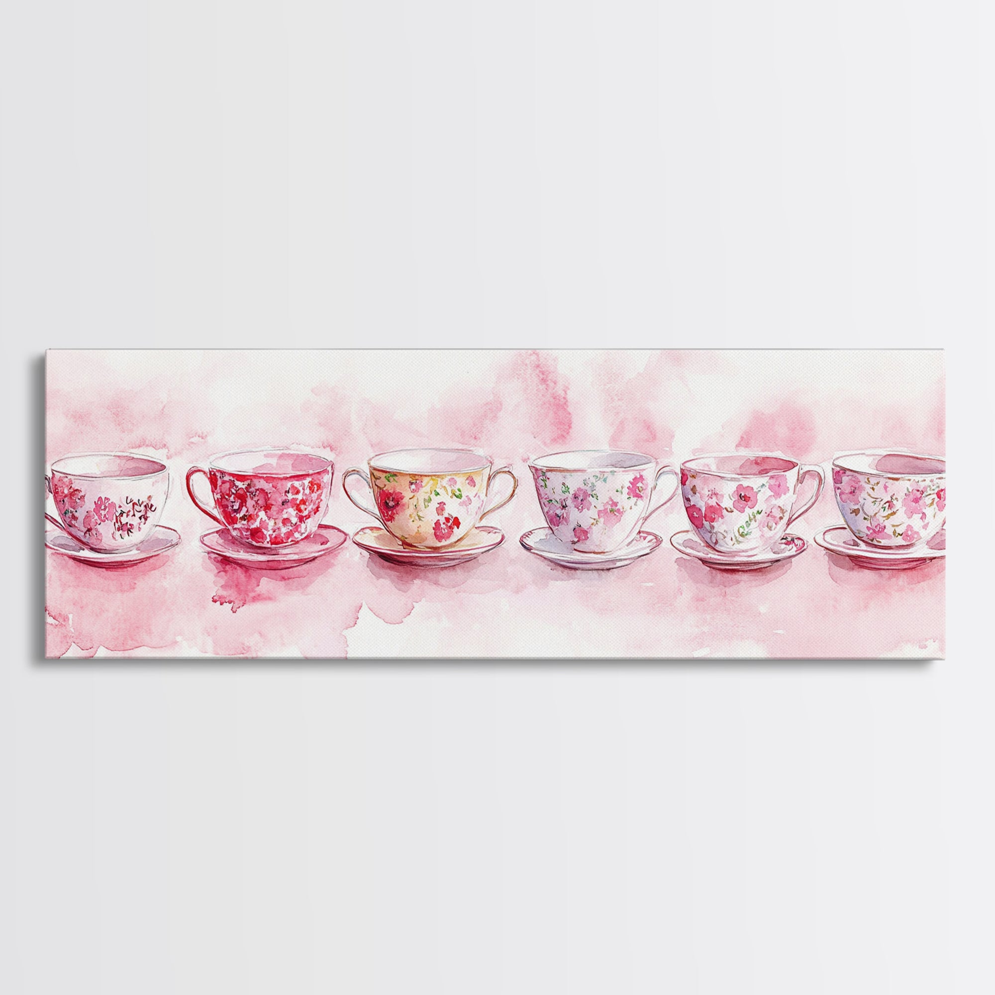 Floral Teacups Canvas Print Whimsical Art Kitchen Decor Light Pink Wal ...