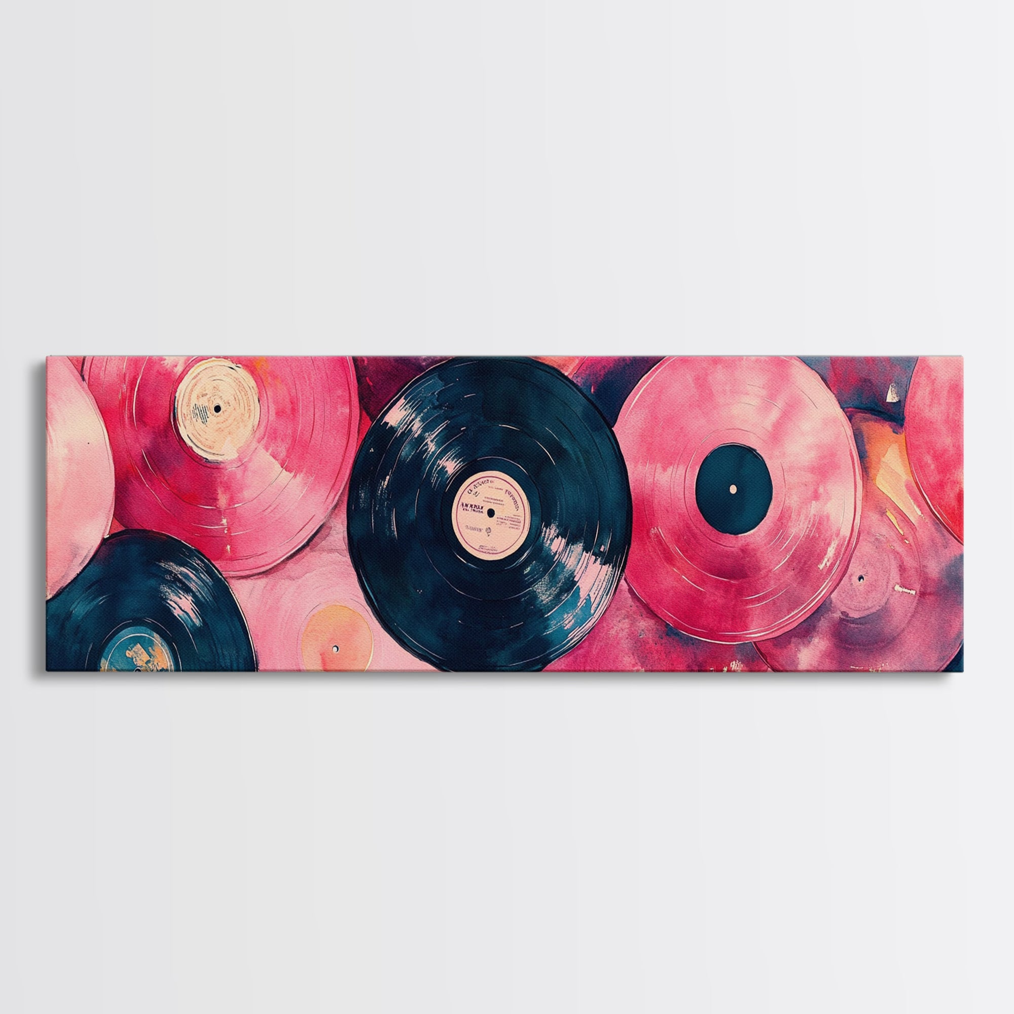 Vintage Vinyl Records Artwork, Framed Canvas Print, Retro Light Pink W ...