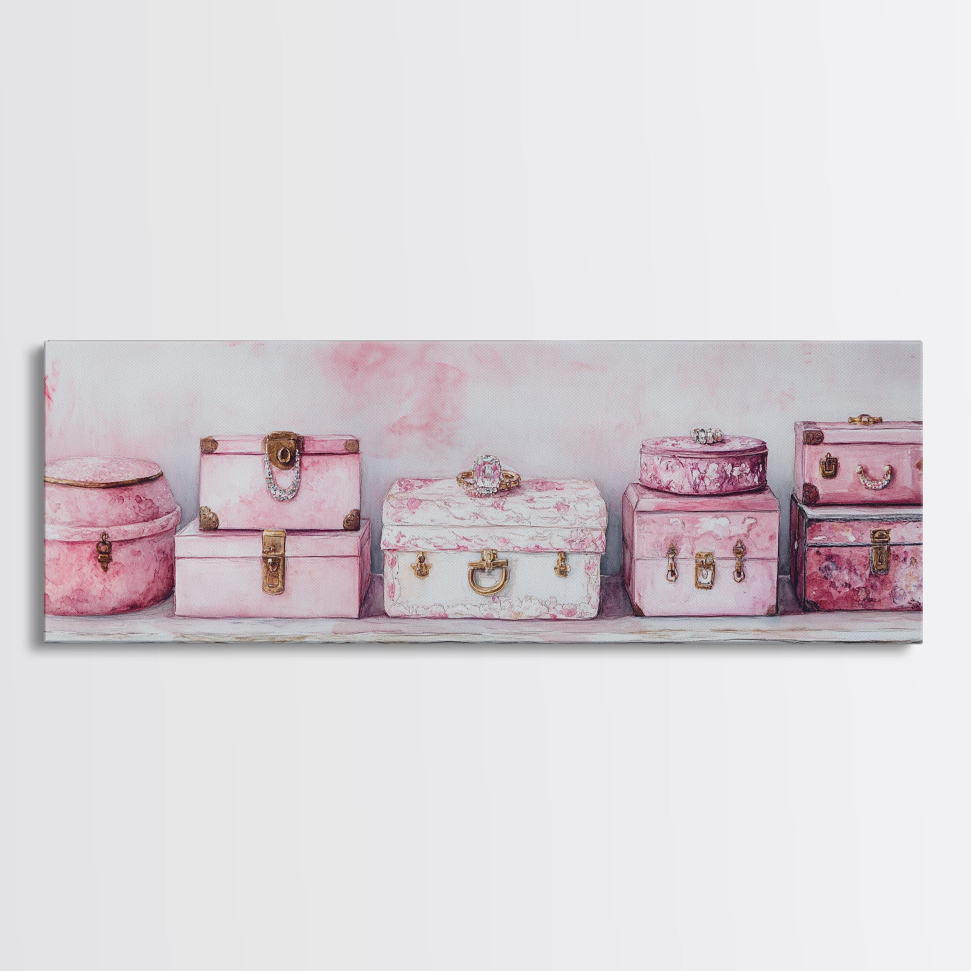 Pink Keepsake Boxes Wall Art Framed Canvas Print, Vintage Cottagecore ...