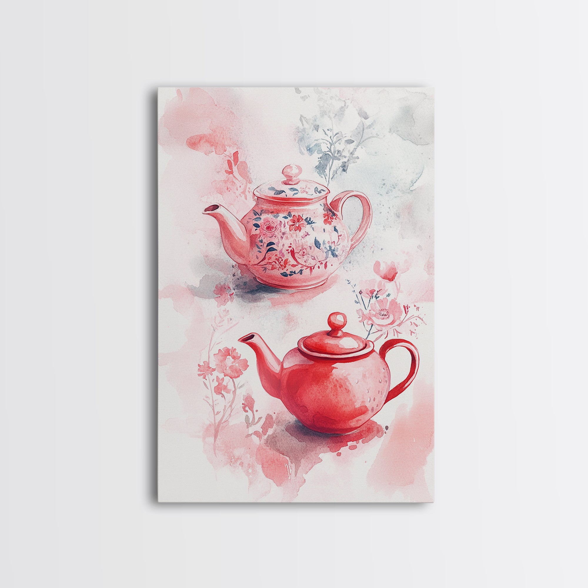 Vintage-style teapots watercolor artwork, framed canvas print, whimsic ...