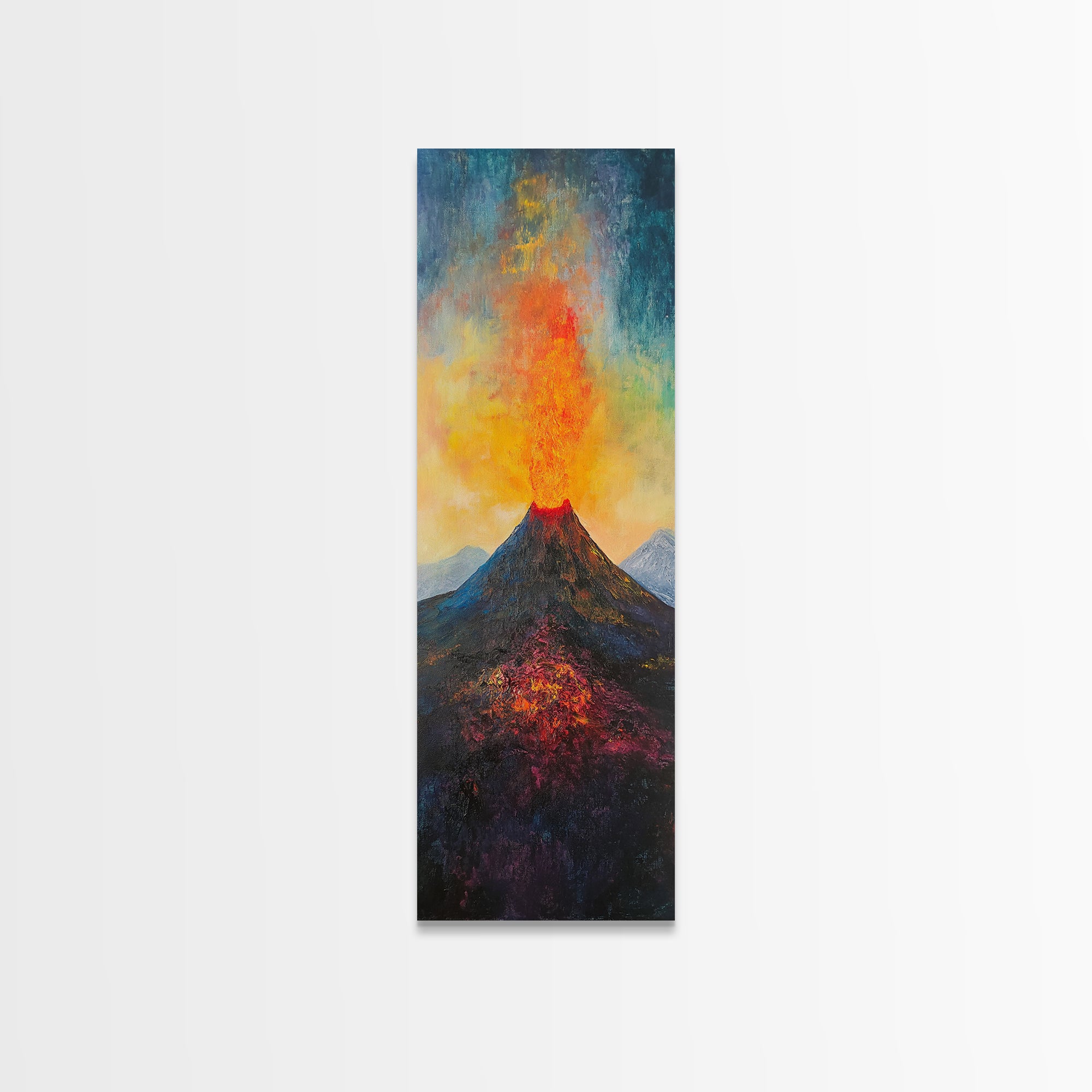 Erupting Volcano, landscape painting, moody art, fiery art, dramatic w ...