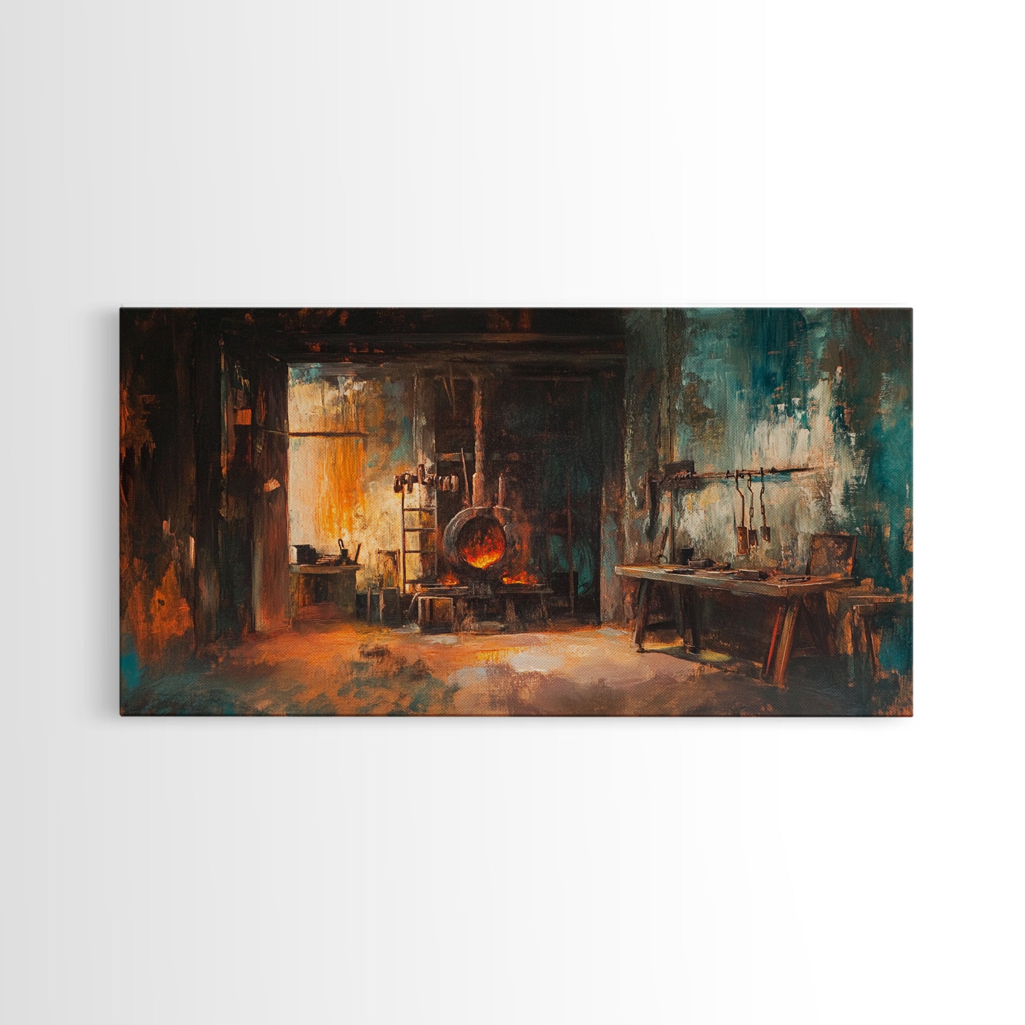Rustic forge, blacksmith, industrial art, dark romance painting, vinta ...