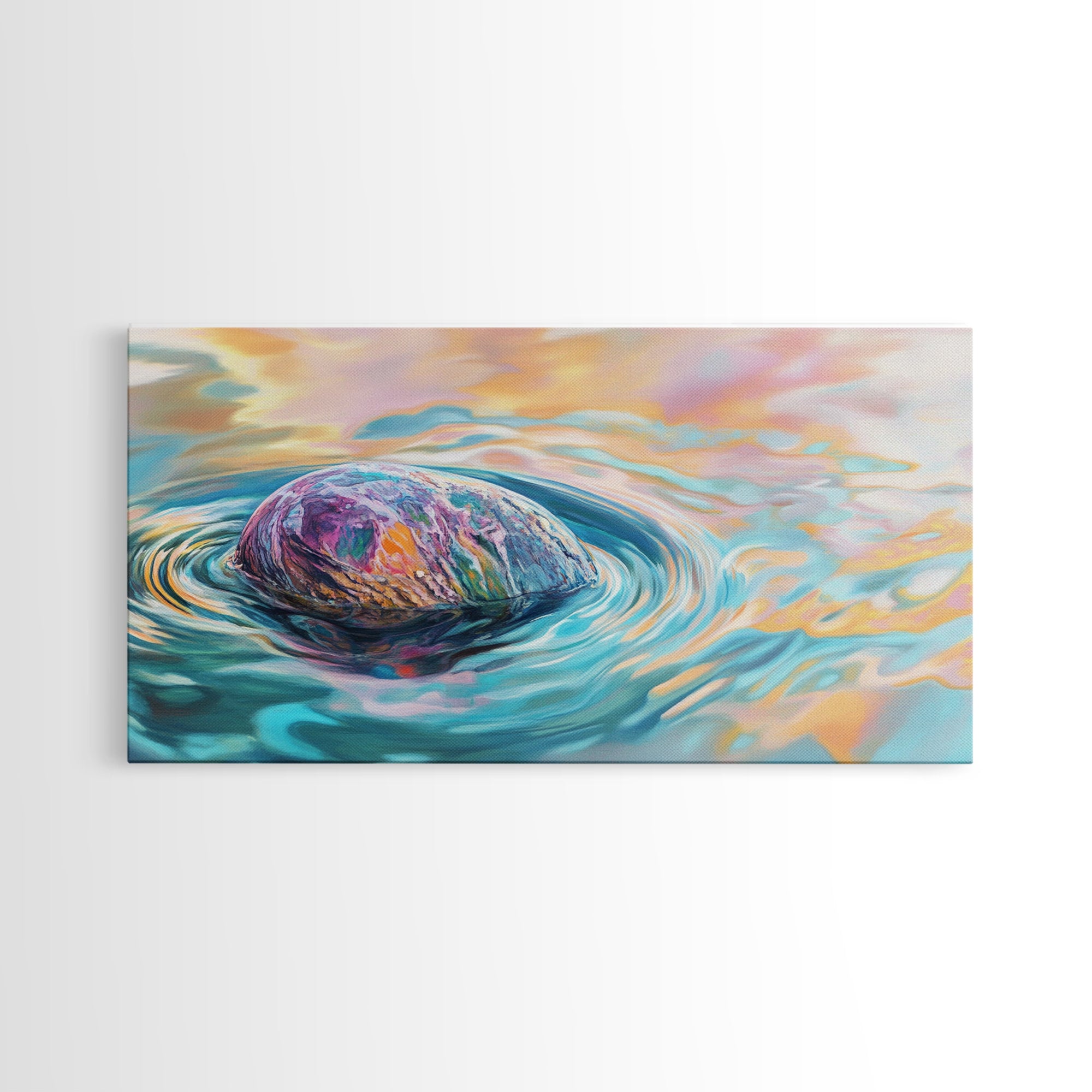 Floating Rock Art, surreal ocean painting, teal wall art, light pink w ...