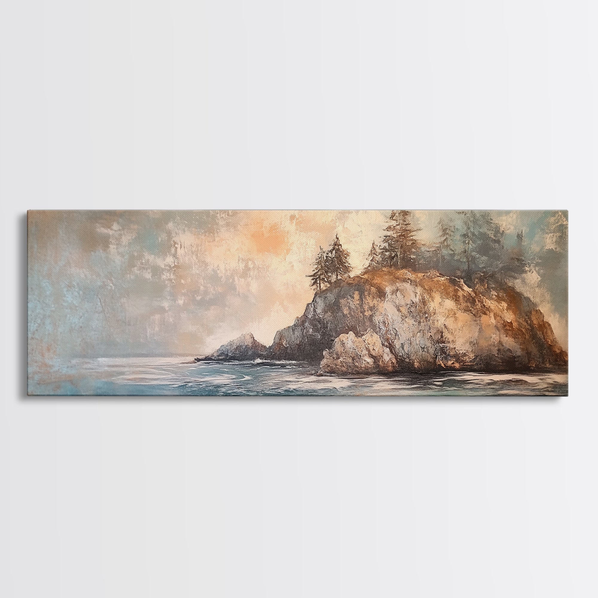 Rustic Coastal Island Canvas Print, Vintage Seascape Painting, Ocean C ...