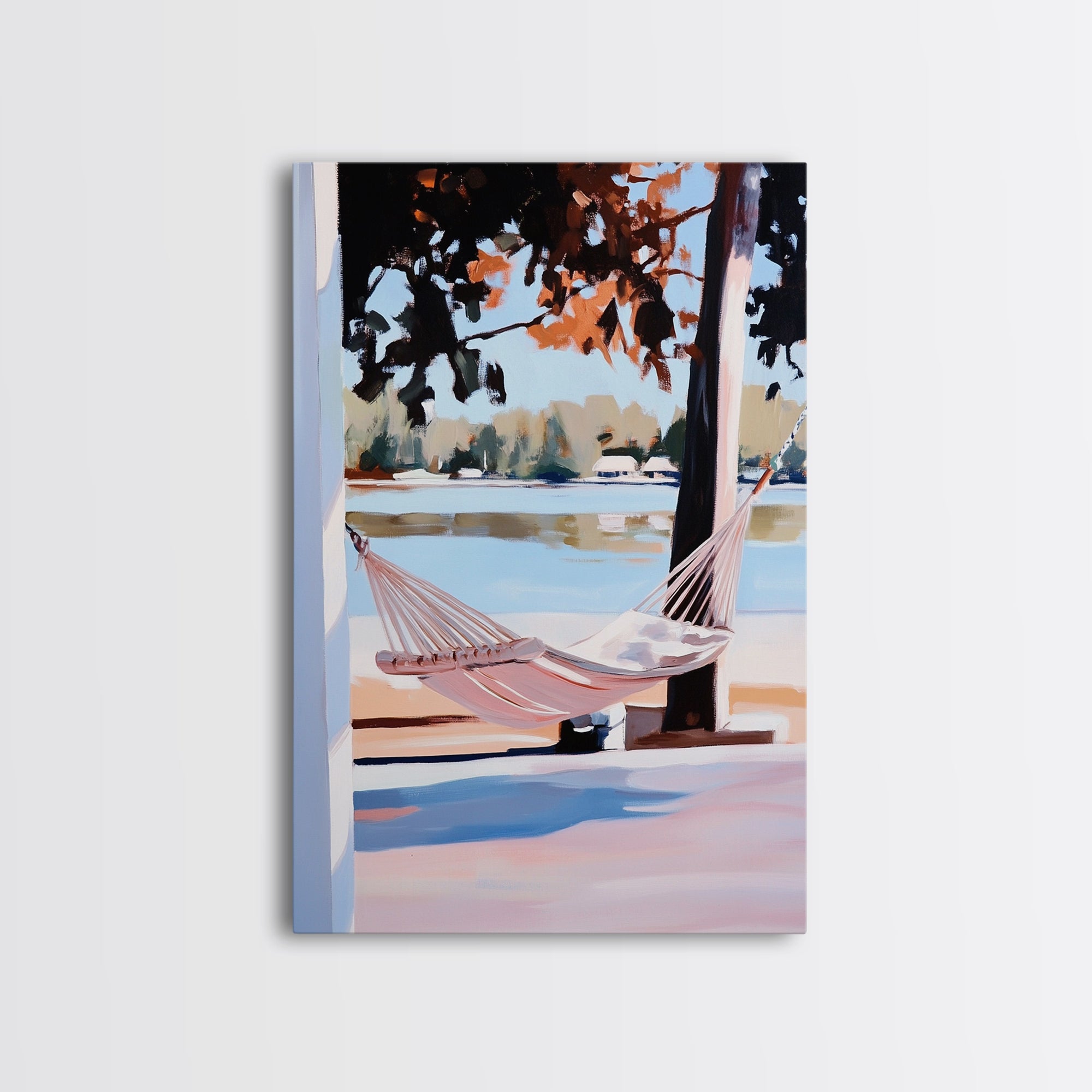 Hammock, Lake Relaxation, Peaceful Escape, Framed Canvas Print, Boho W ...