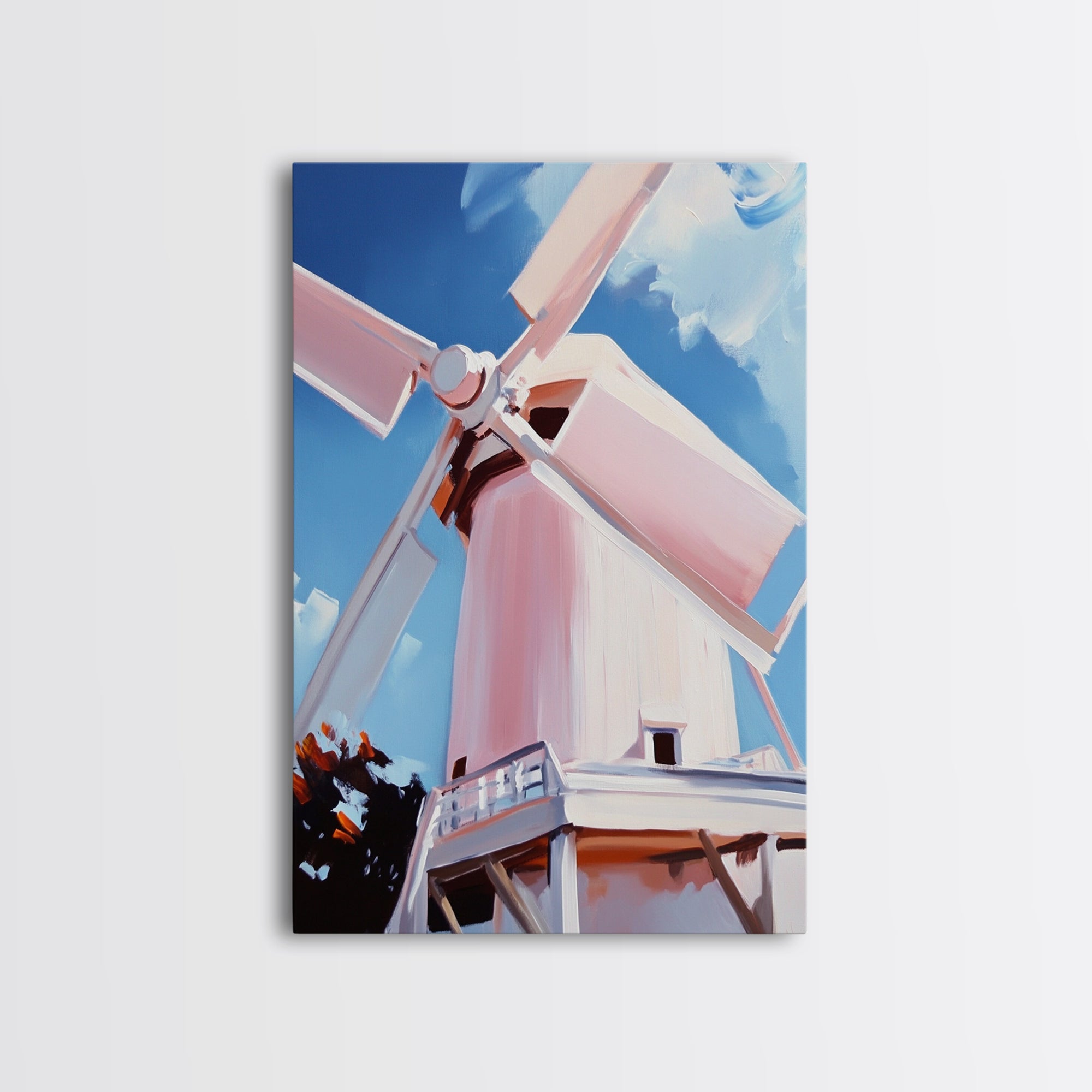 Pastel Windmill Painting, Rustic Farmhouse Wall Art, Soft Blue Sky Sce ...