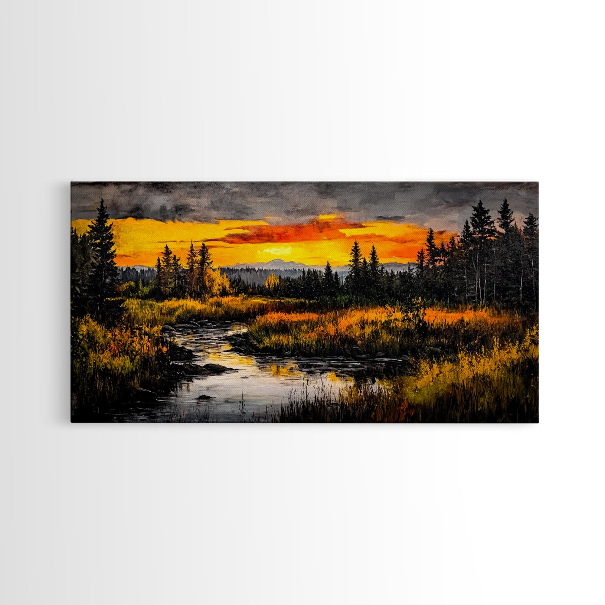 Autumn Sunset, River Landscape, Nature Art, Framed Canvas Print, Rusti ...