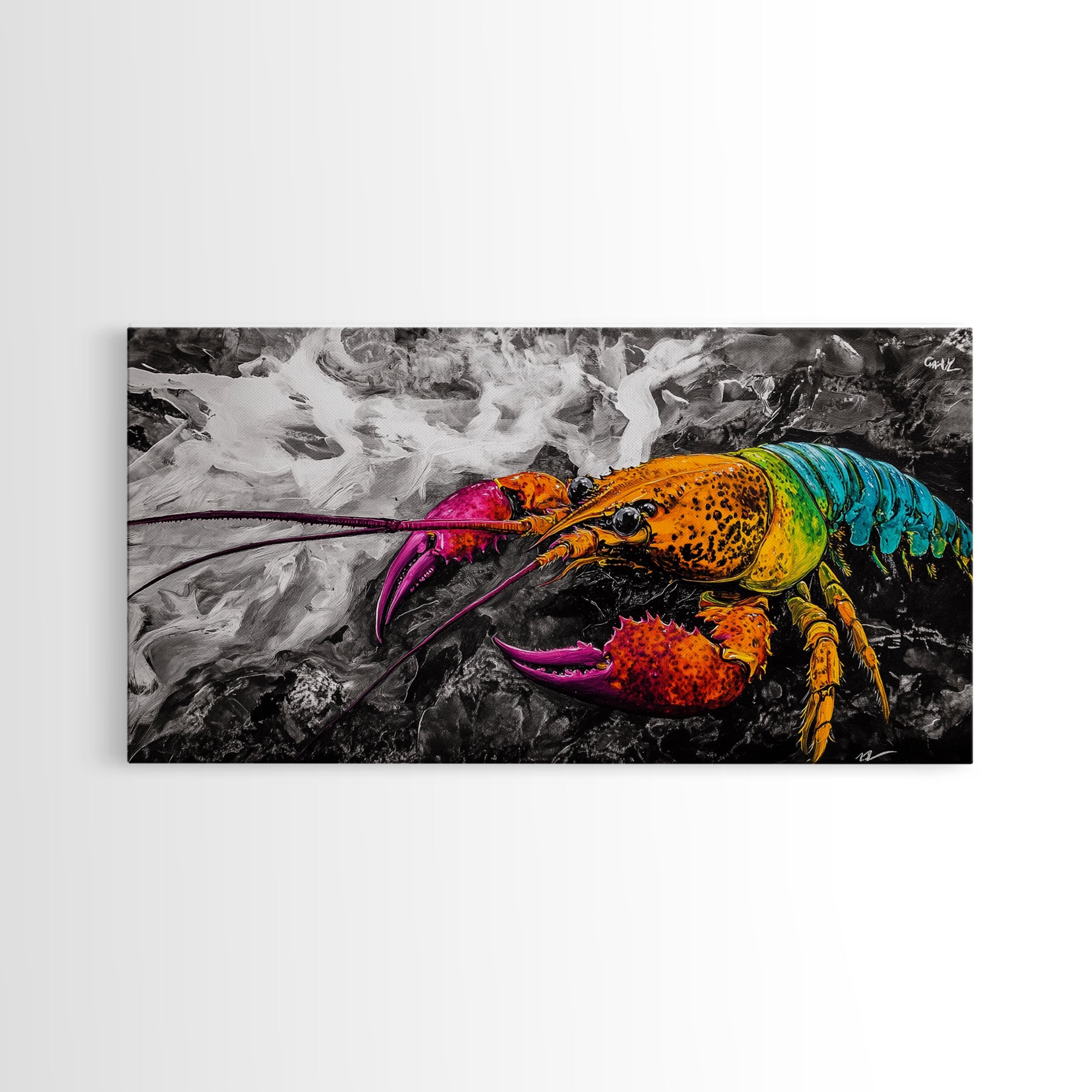 Rainbow Lobster, Colorful Crustacean, Bold Marine Art, Framed Canvas P ...