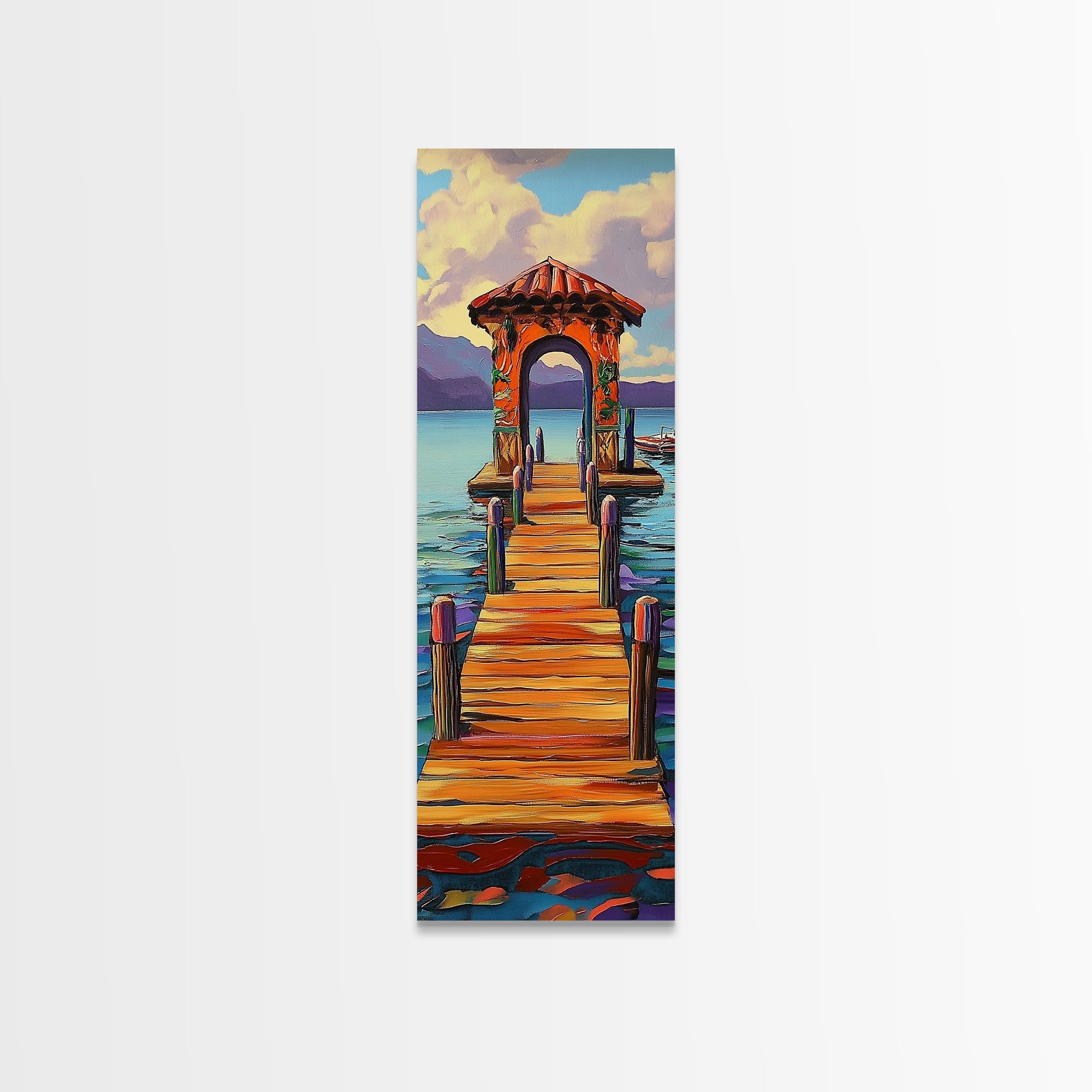Colorful Pier, Archway, Water — Framed Canvas Print of a vibrant pier ...