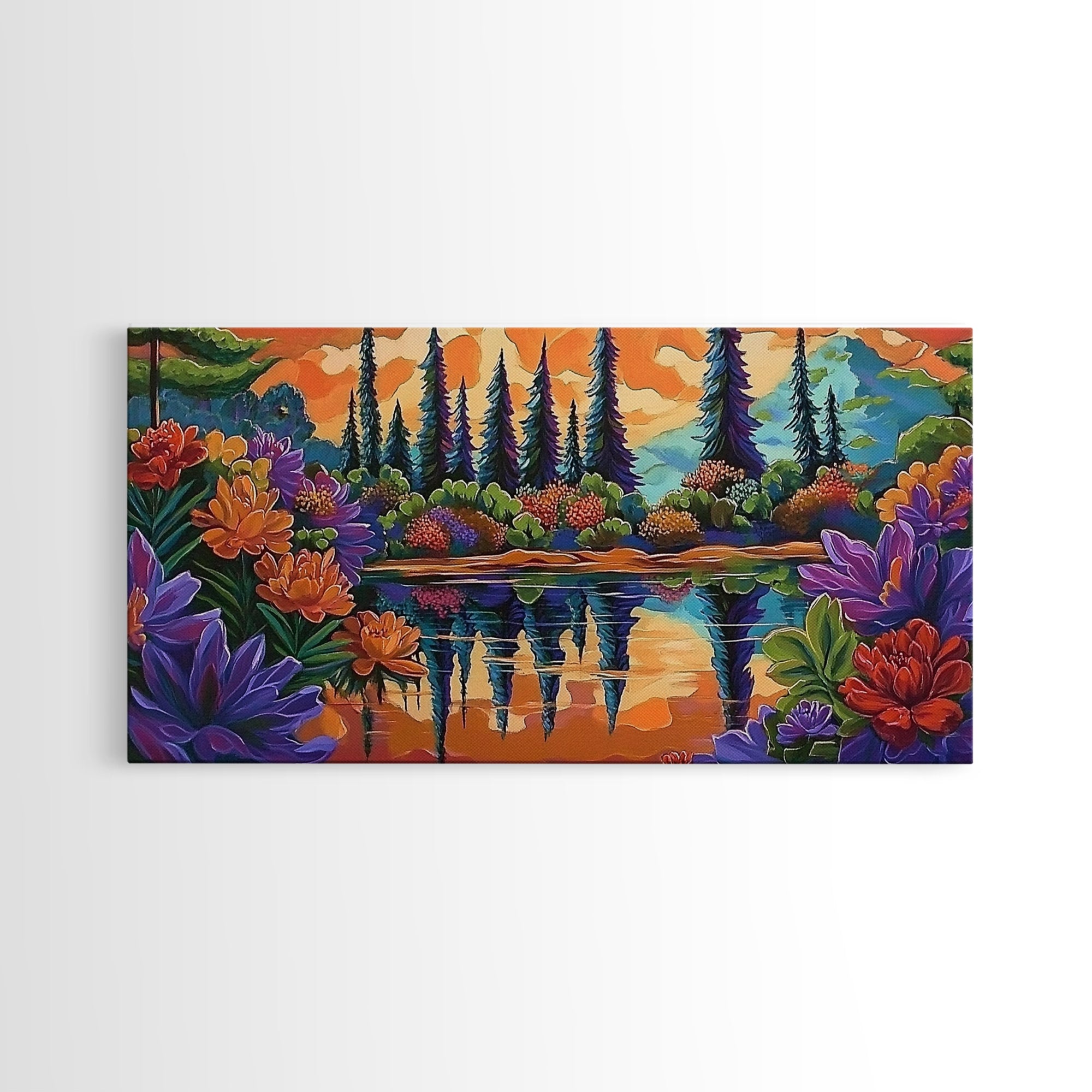 Floral Lakeside Sunset, Vibrant Reflection Scene, Forest Lake, Canvas ...