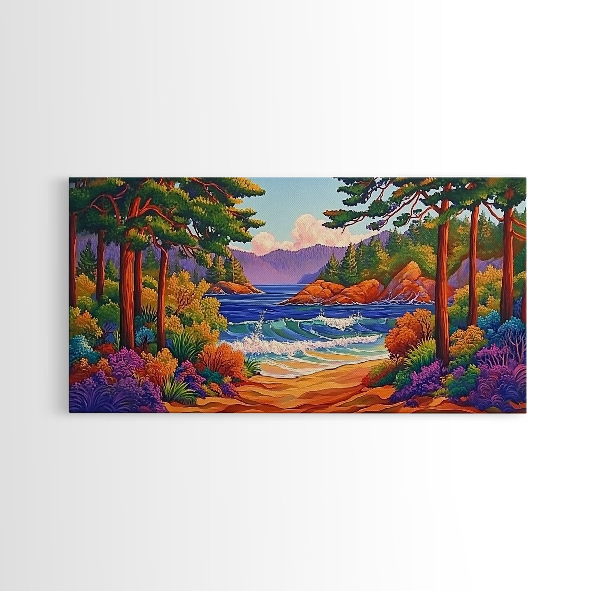 Coastal Forest Trail, Colorful Seaside Path, Pine Tree Art, Framed Can ...
