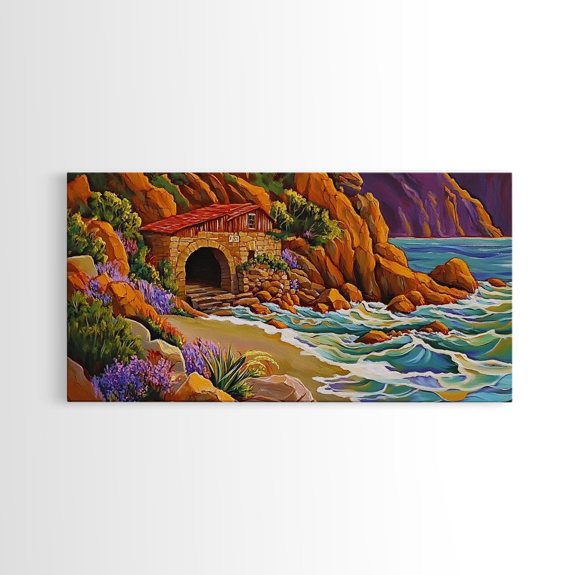 Coastal Stone Cabin, Rustic Beach Shack, Ocean Cliff Retreat, Framed C ...
