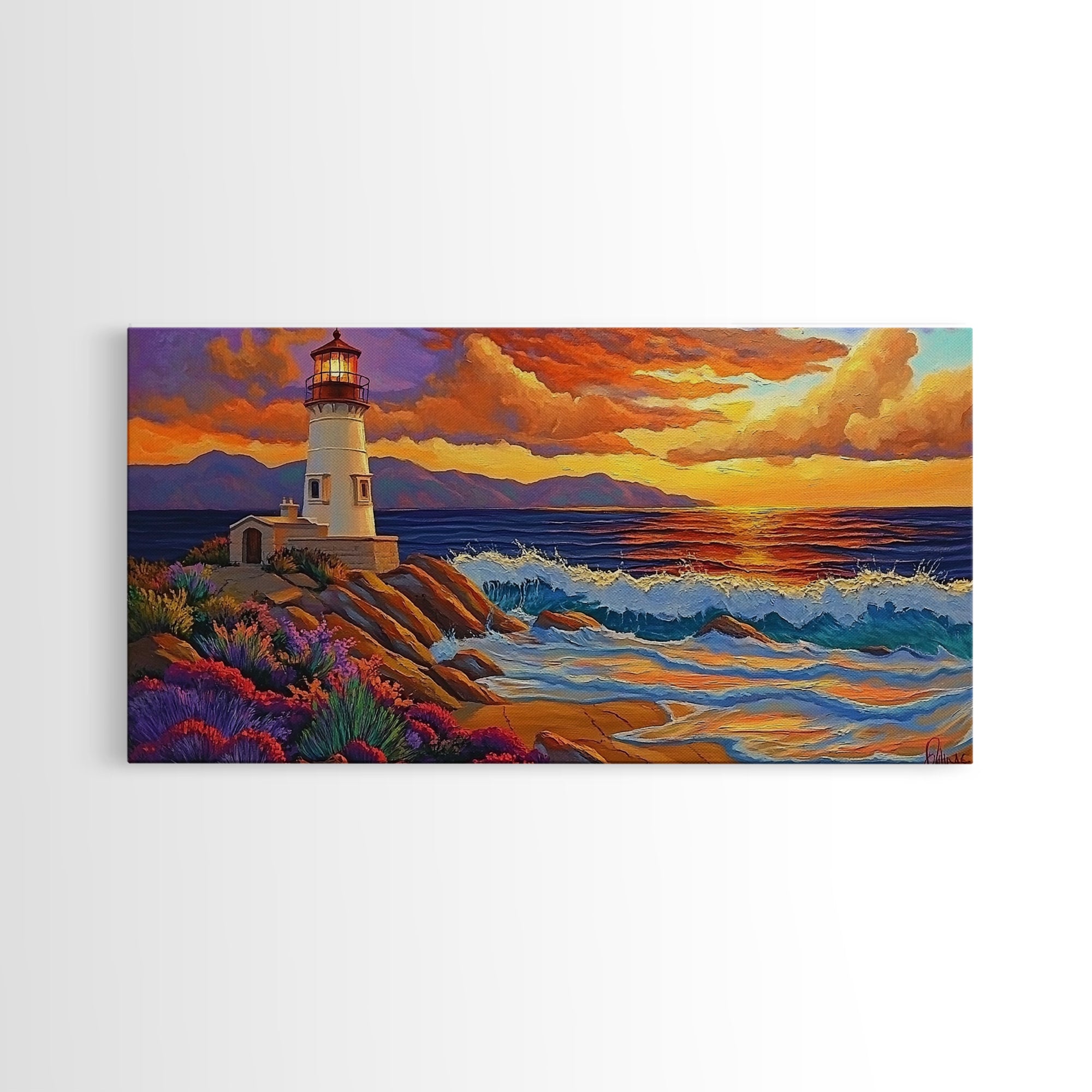 Lighthouse Waves, Sunset, Ocean, Framed Canvas Print, Nautical living ...