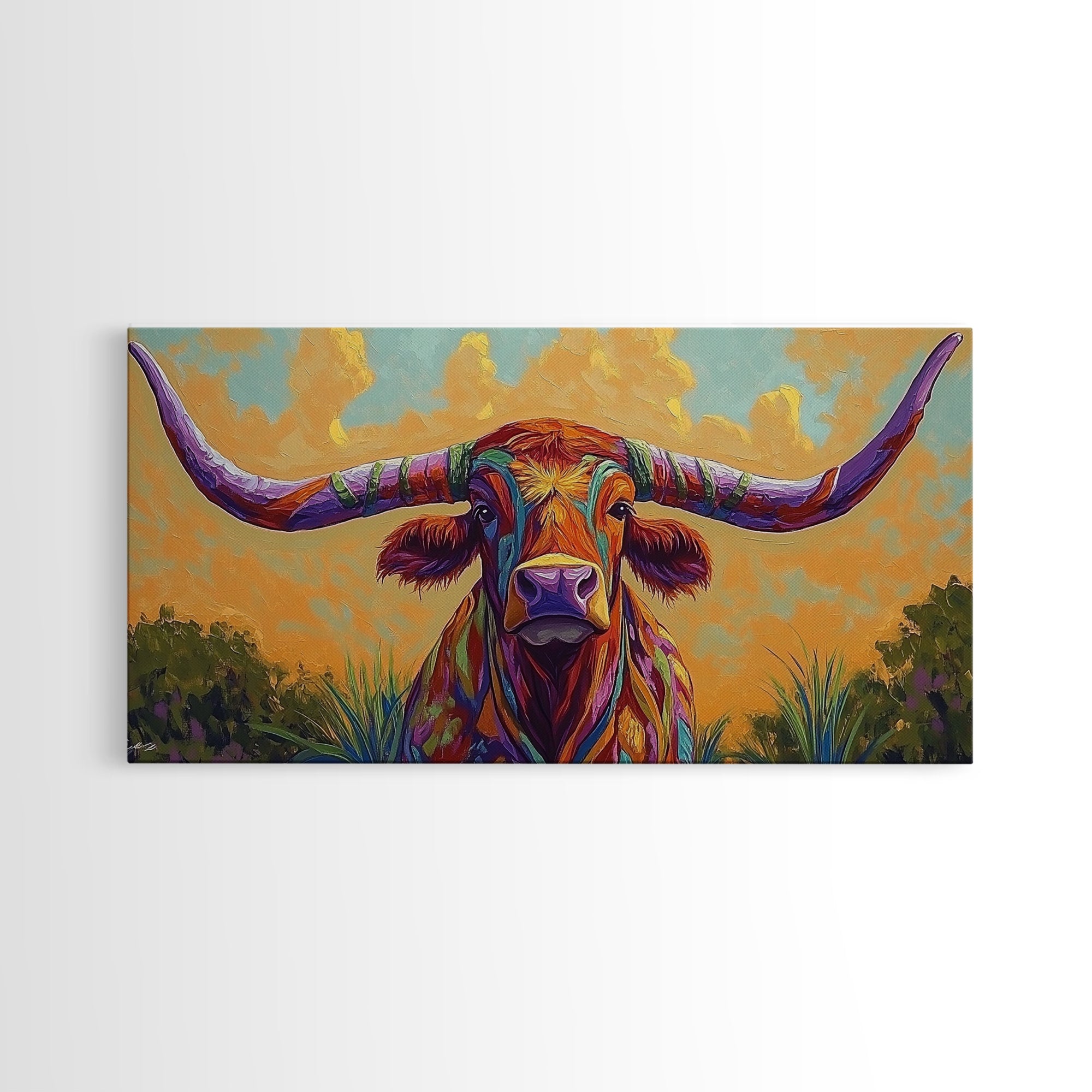Colorful Longhorn, Wall, Art, Framed Canvas Print rustic western decor ...