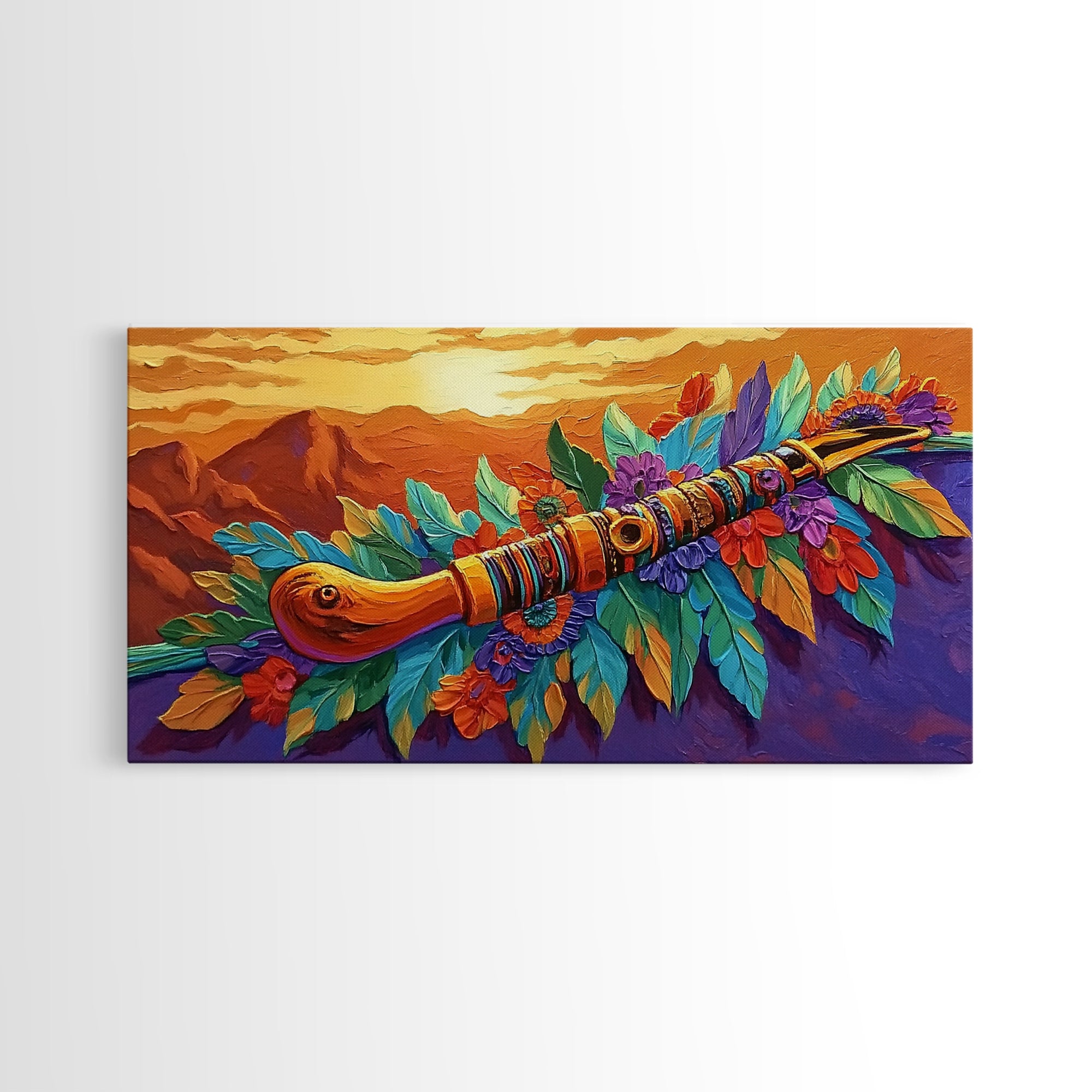 Native Flute, Flowers, Sunset, Framed Canvas Print, Spiritual Native A ...