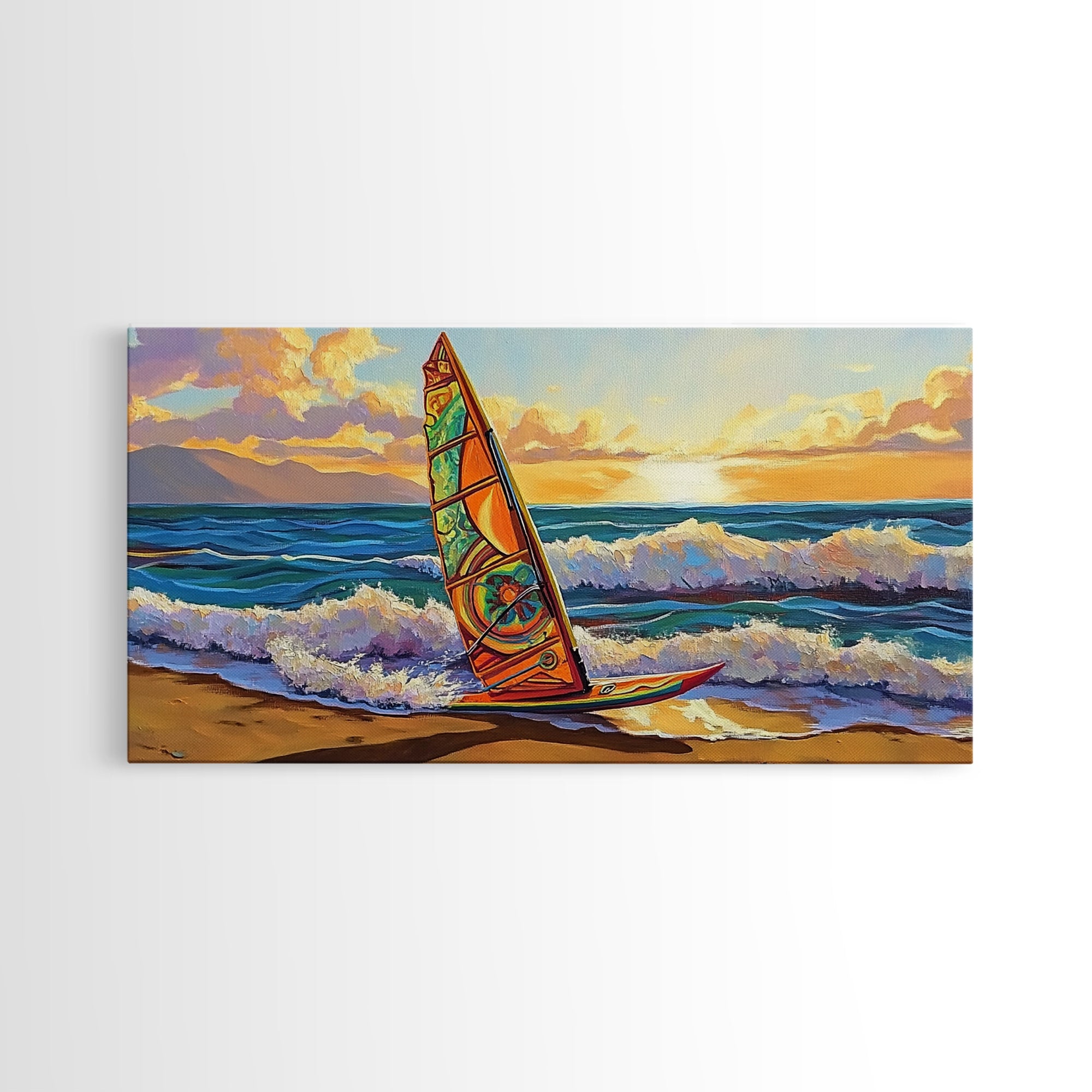 Windsurf Sunset, Beach Scene, Canvas Print, colorful surfboard at sea ...