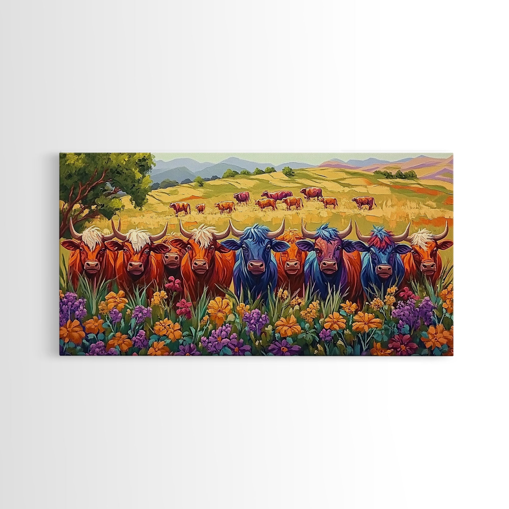 Highland Cows, Flower, Field, Framed Canvas Print whimsical farm anima ...