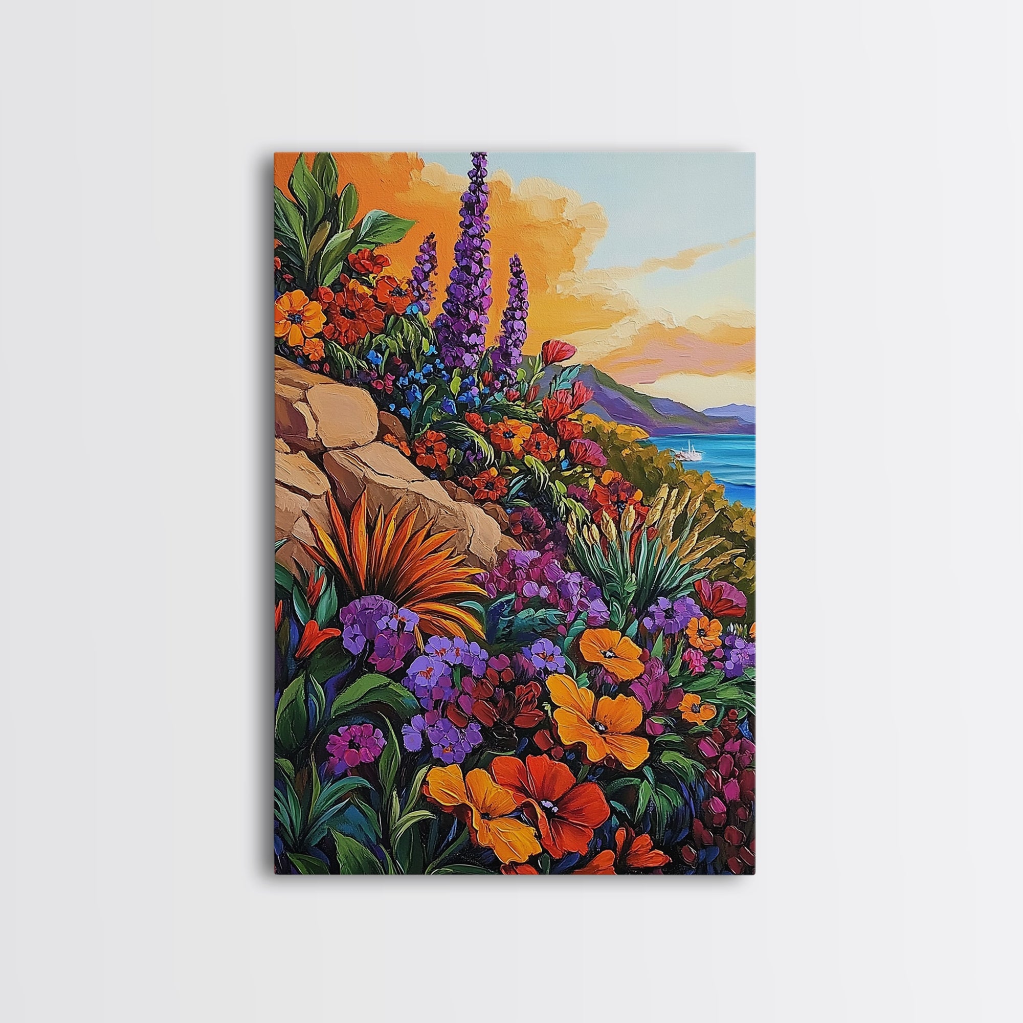 Cliffside Flowers, Ocean View, Wild Garden, Sunset Landscape, Framed C ...