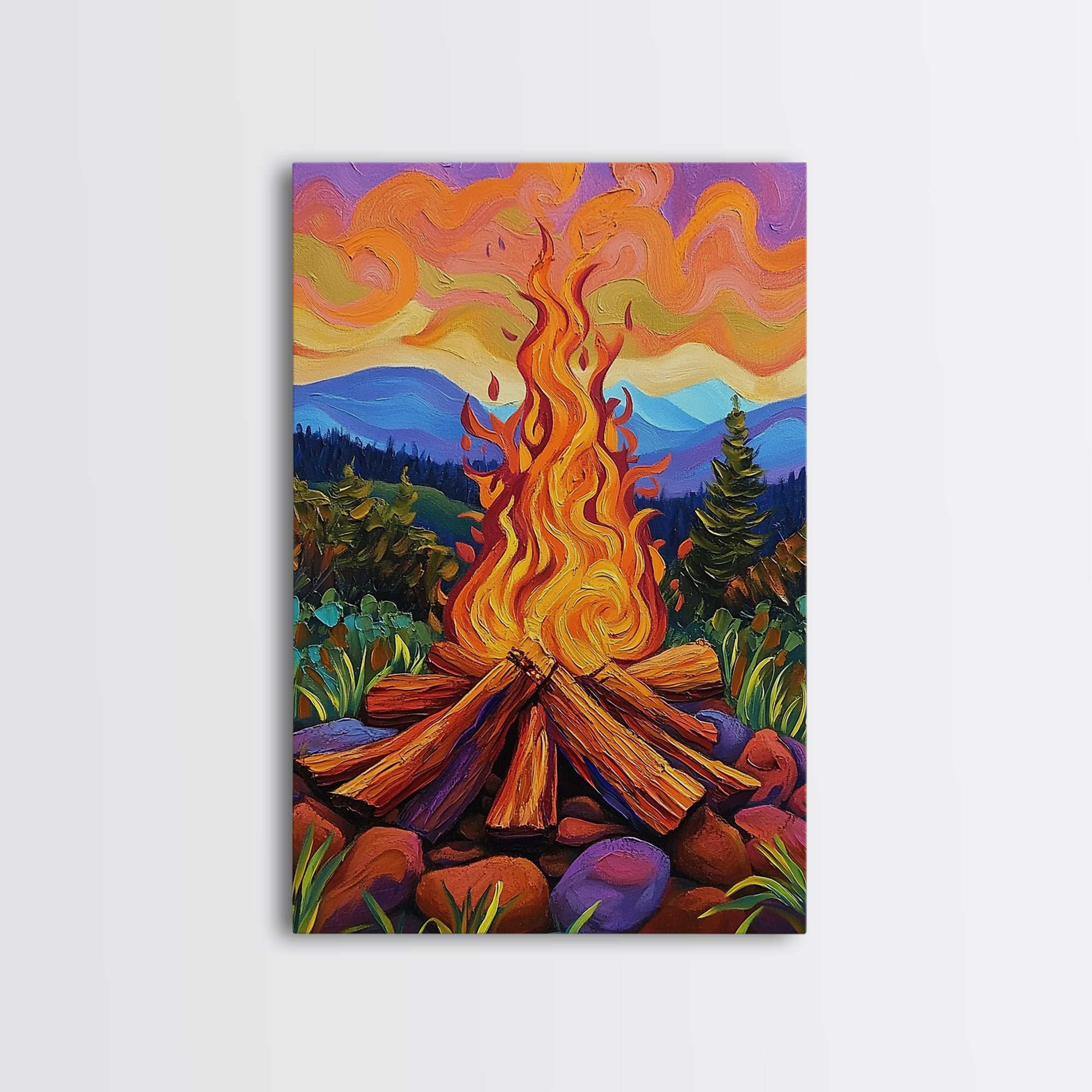 Flames Forest, Dusk, Firelight, Framed Canvas Print rustic bonfire wal ...