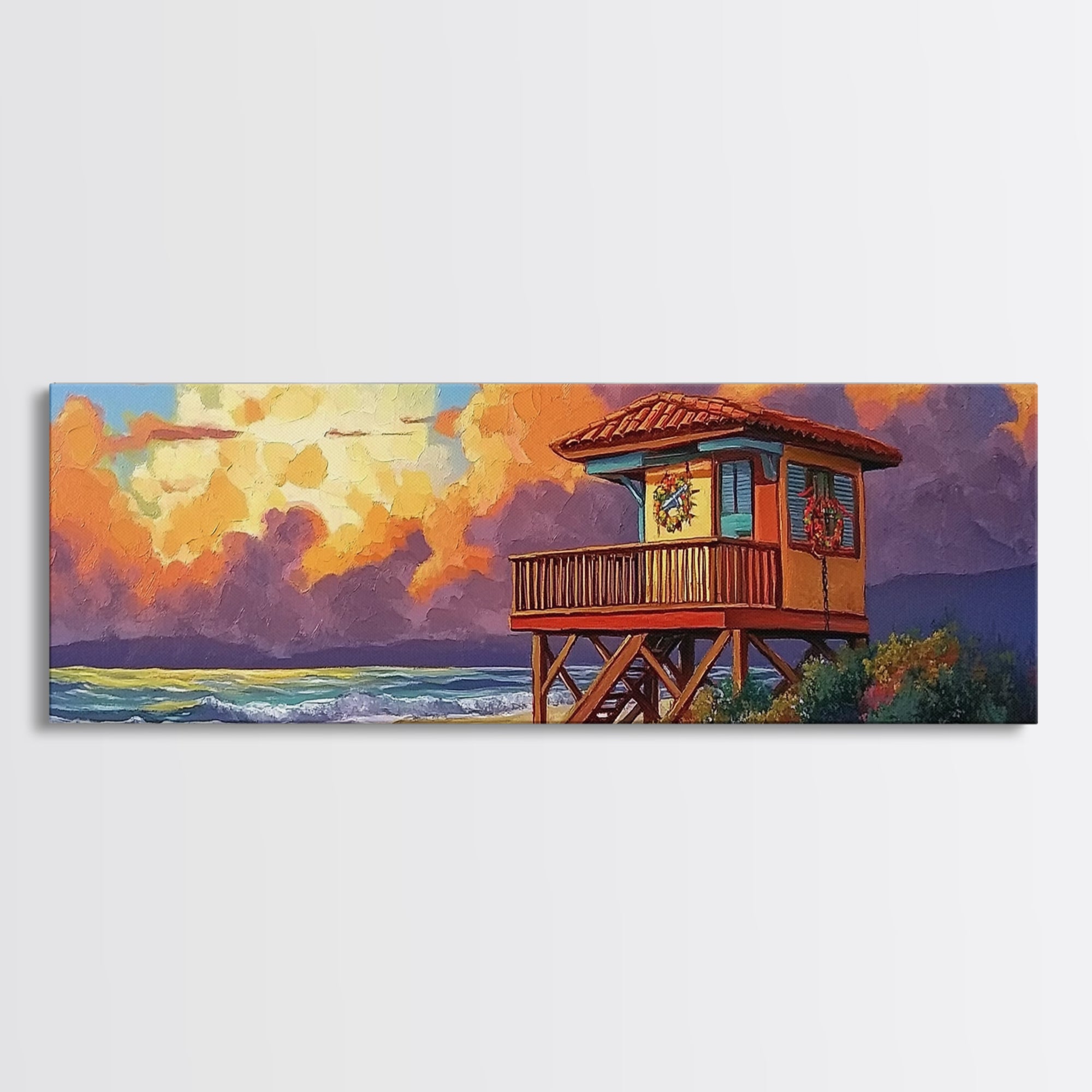 Lifeguard Tower Glow, Beach Sunset Scene, Holiday Decor, Framed Canvas ...