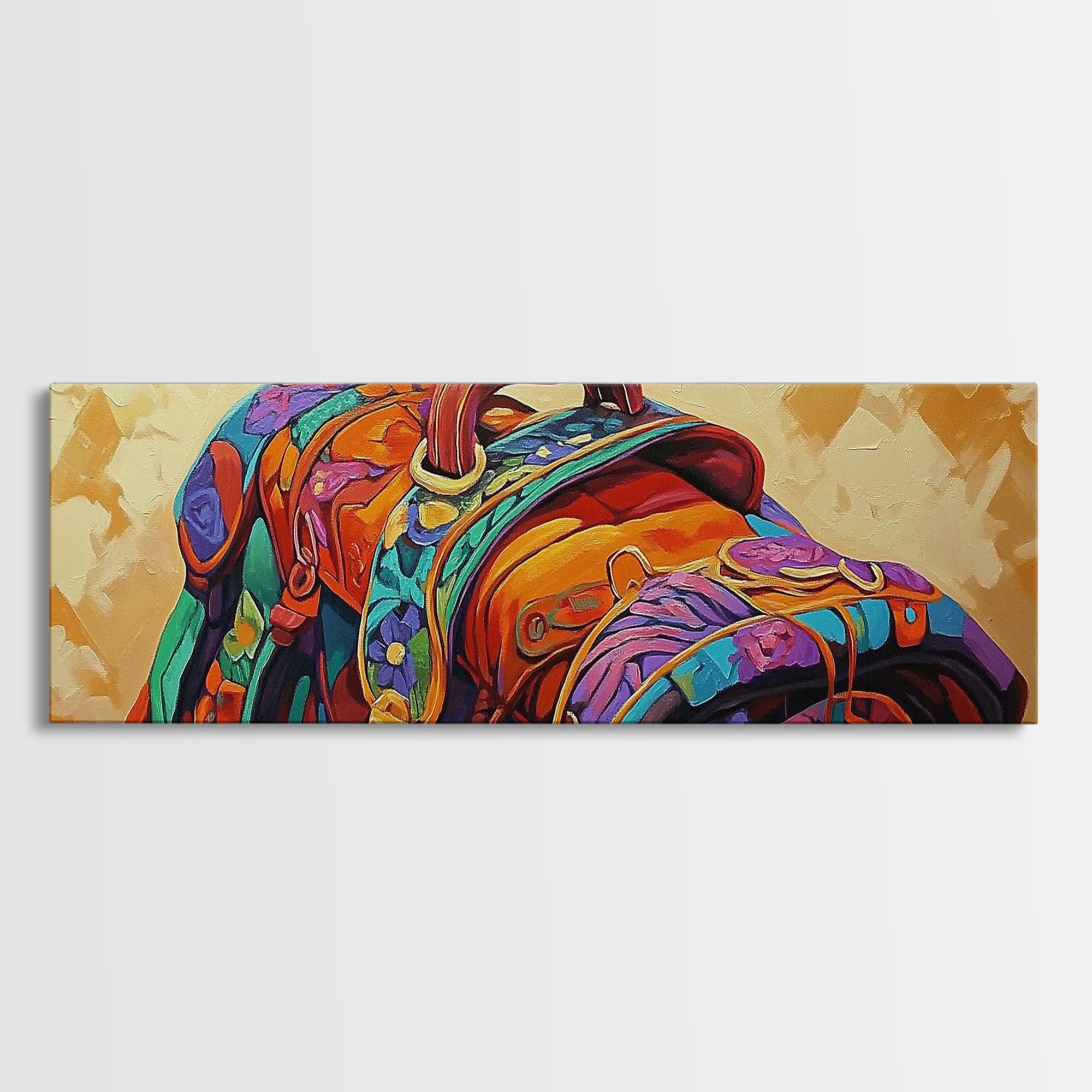 Leather Saddle, Western Gear, Bold Colors, Framed Canvas Print, Cowboy ...