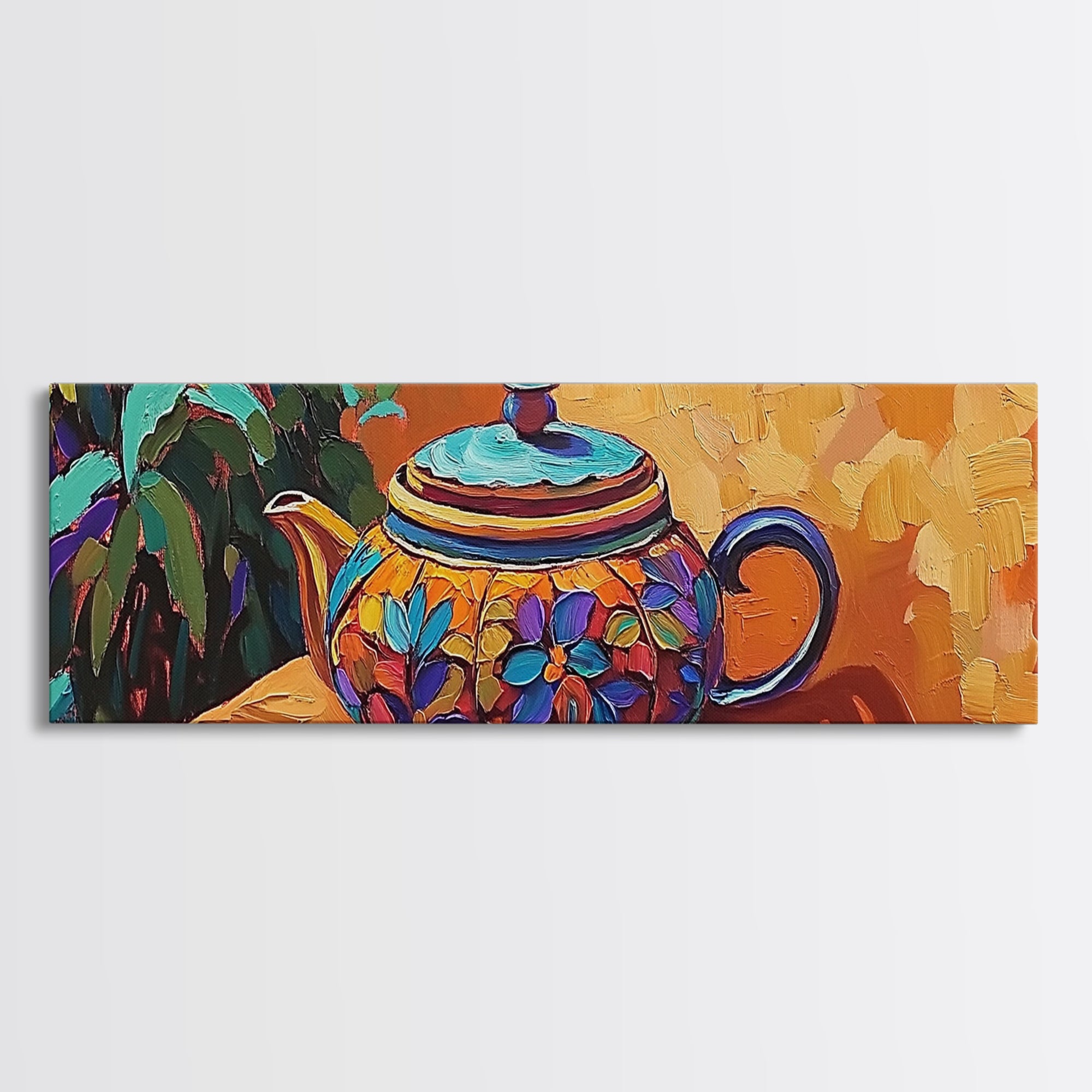 Colorful Teapot, Folk Art, Kitchen Wall Art, Framed Canvas Print, Tala ...