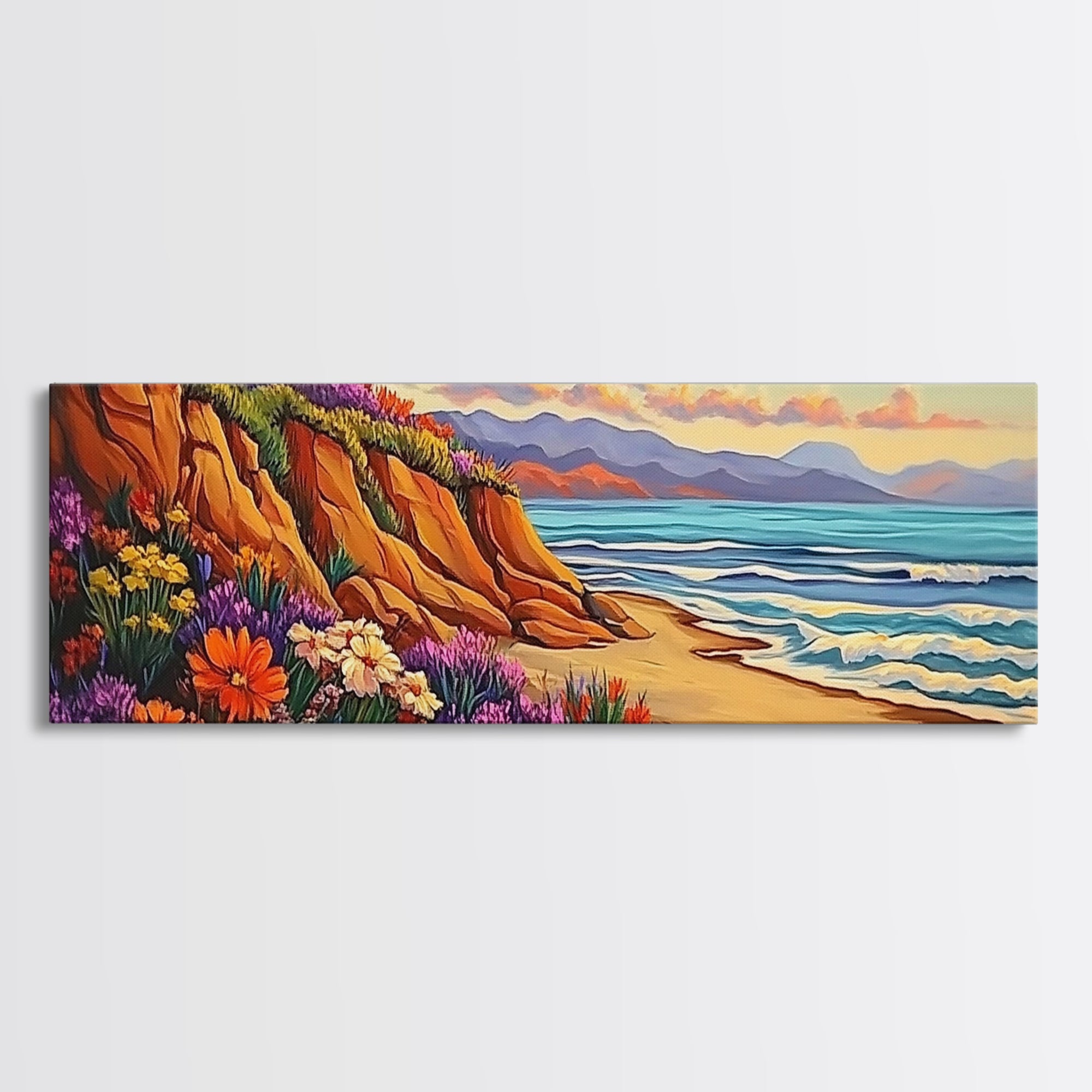 Cliffside Flowers, Ocean Waves, Sunset Coast, Canvas Print, Vibrant Co ...