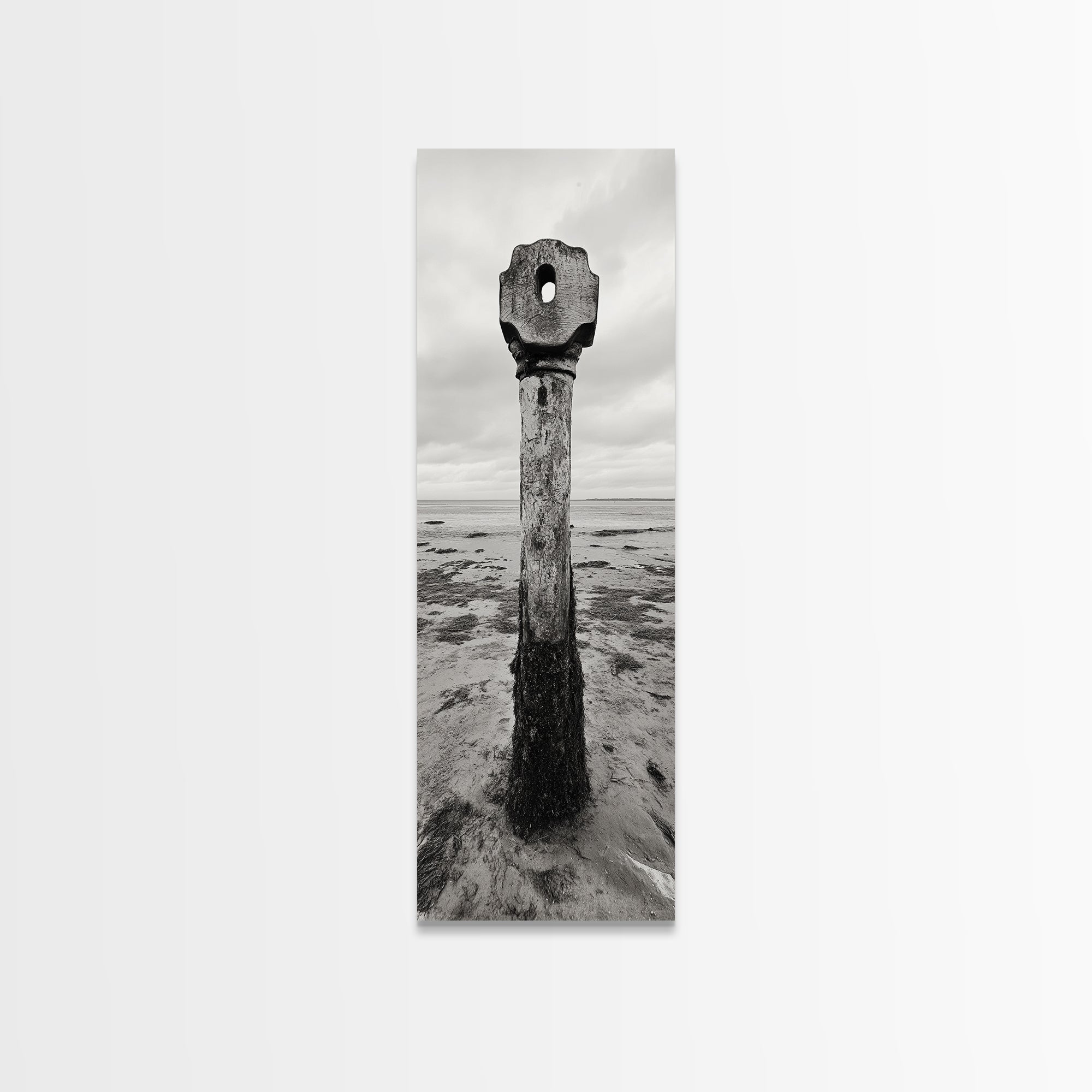 Driftwood Totem, Coastal Pillar, Ocean Beach Monochrome, Framed Canvas ...