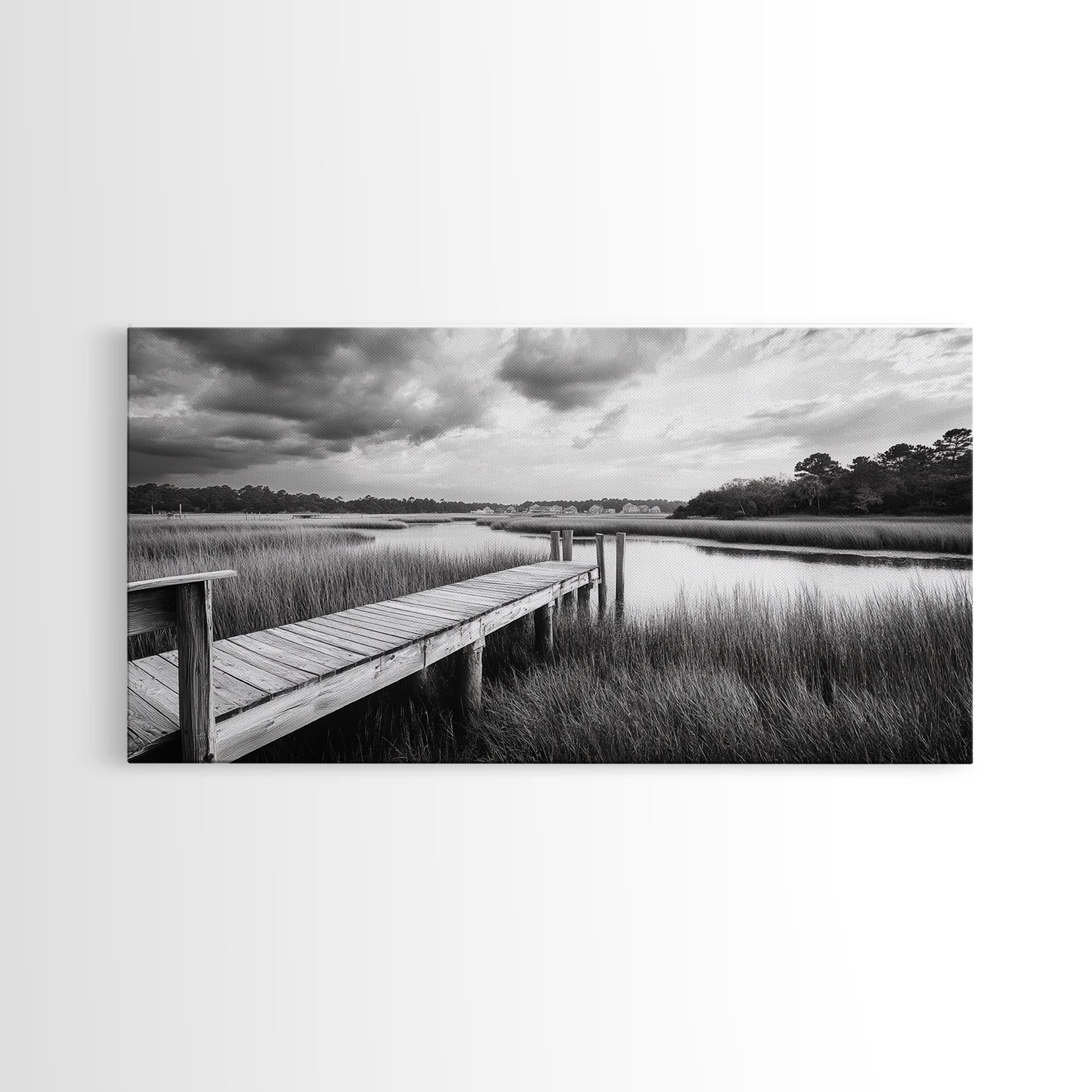 Marsh Dock Scene, Tranquil Water Landscape, Rustic Pier Canvas Print ...