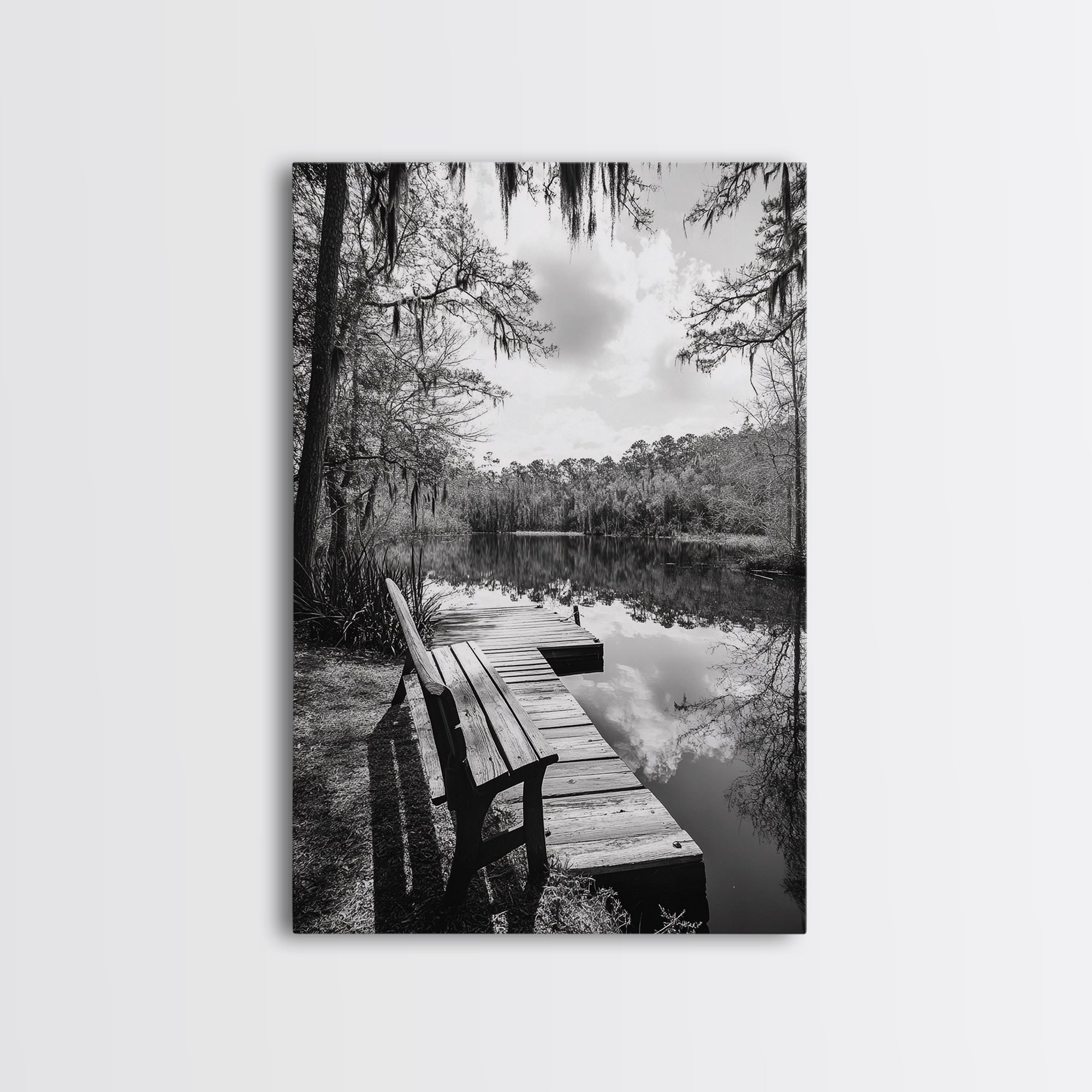 Dockside Bench, Tranquil Waters, Nature Reflection, Framed Canvas Prin ...