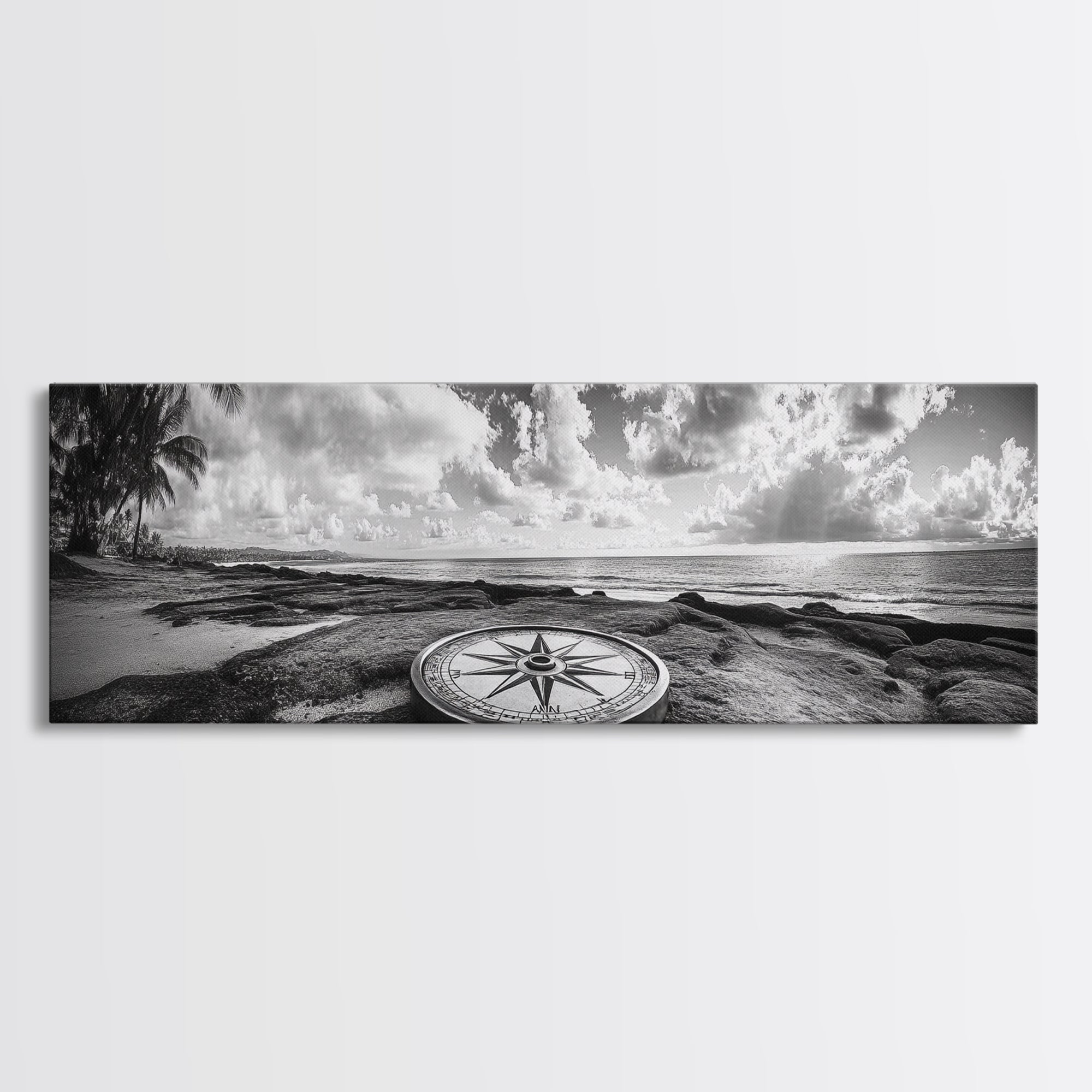Compass Rose, Ocean Horizon, Palm Trees, Canvas Print, Nautical Beach ...