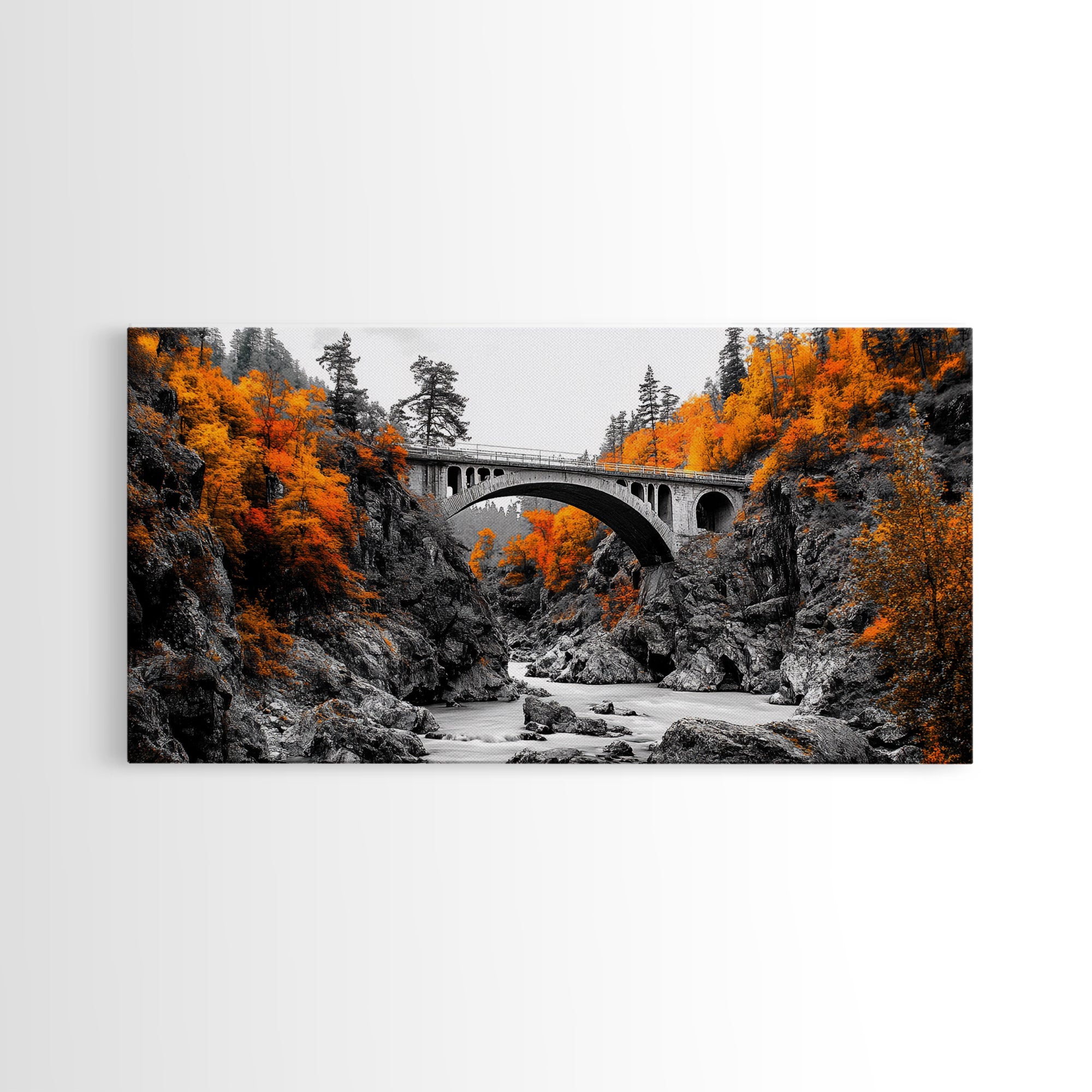 Autumn Bridge, River Gorge, Rustic Nature, Fall Trees, Framed Canvas P ...