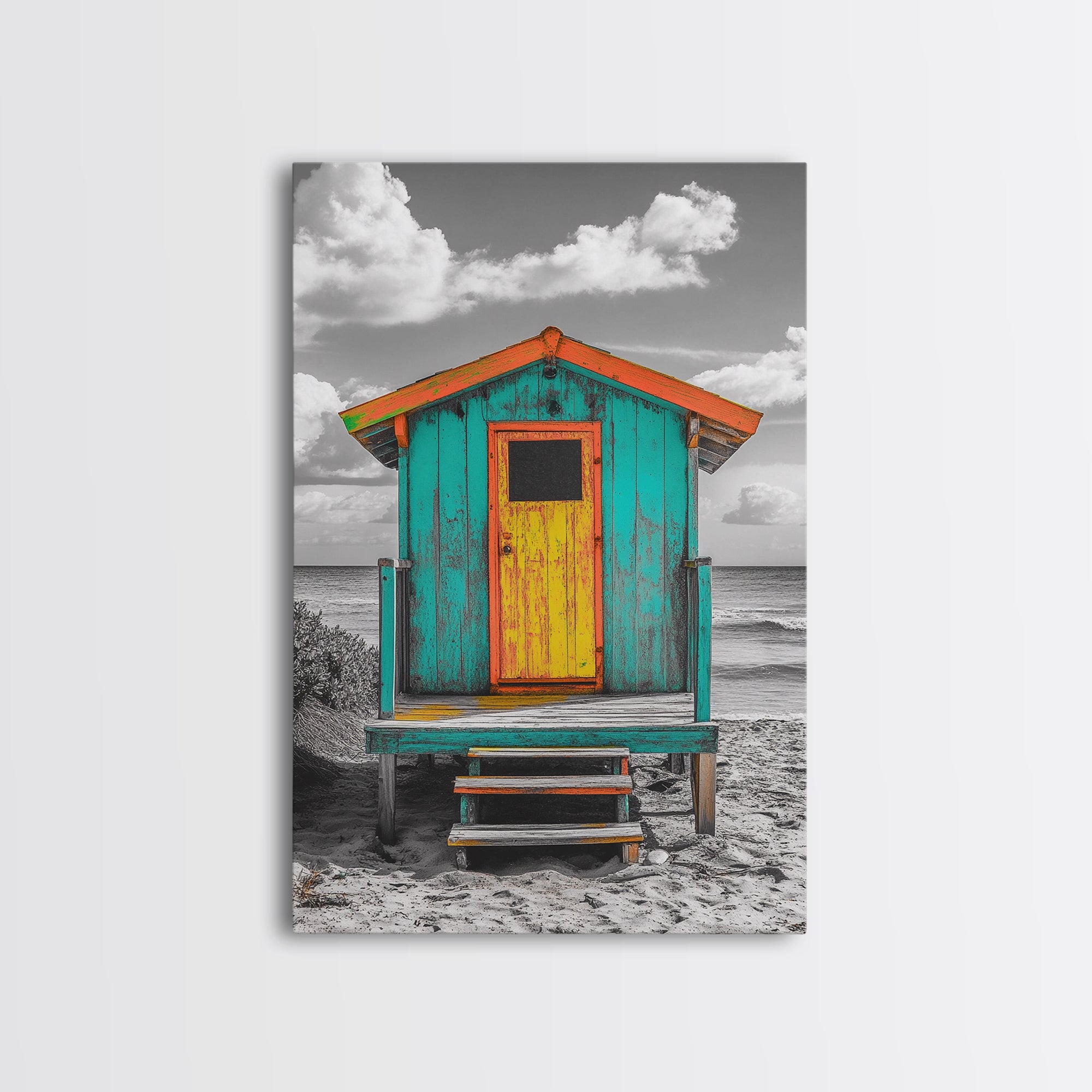 Colorful Beach Hut, Surf Shack, Coastal Cabin, Framed Canvas Print, Tr ...
