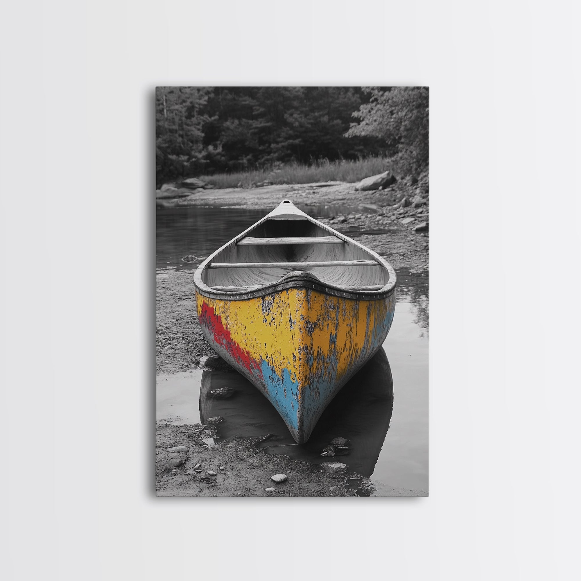 Rustic Canoe, Weathered Paint, River Adventure Art, Framed Canvas Prin ...