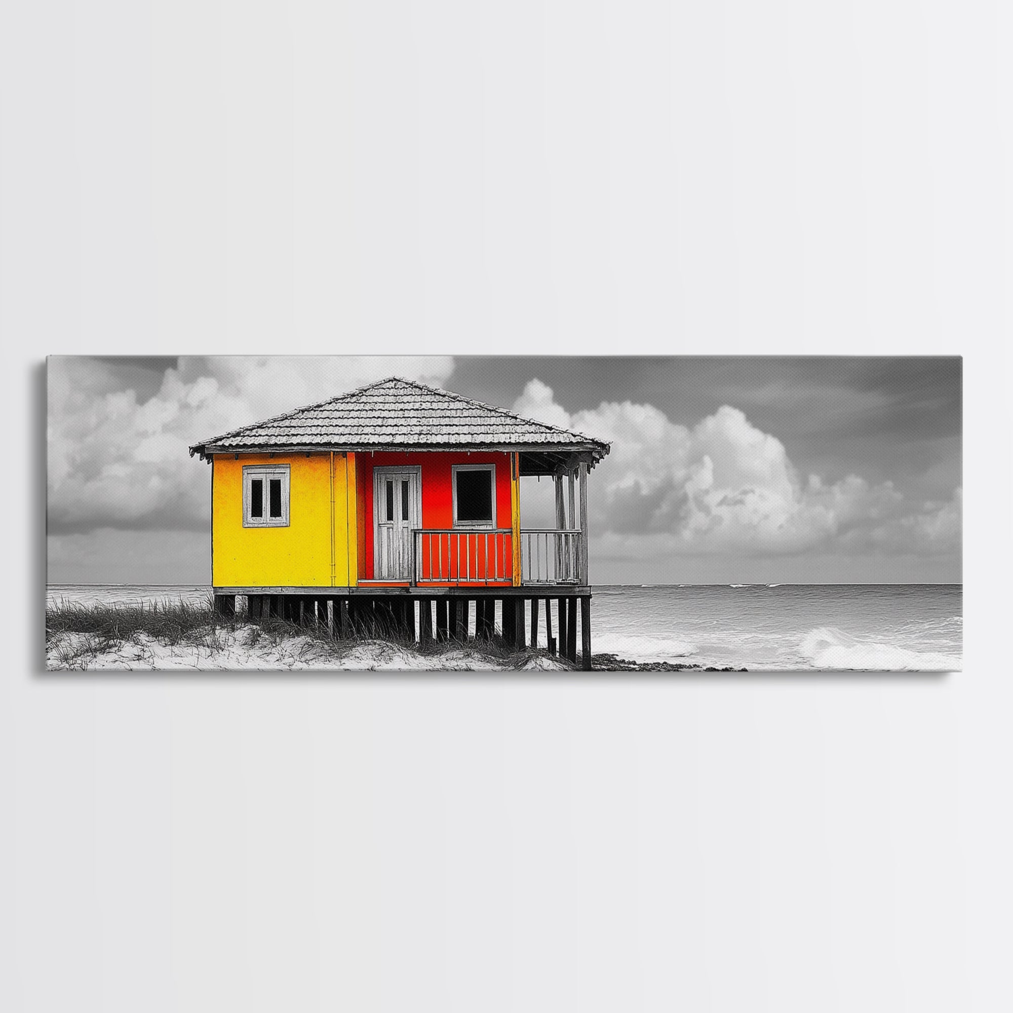 Yellow Cabin, Seaside Shack, Color Pop, Coastal Vibes, Framed Canvas P ...