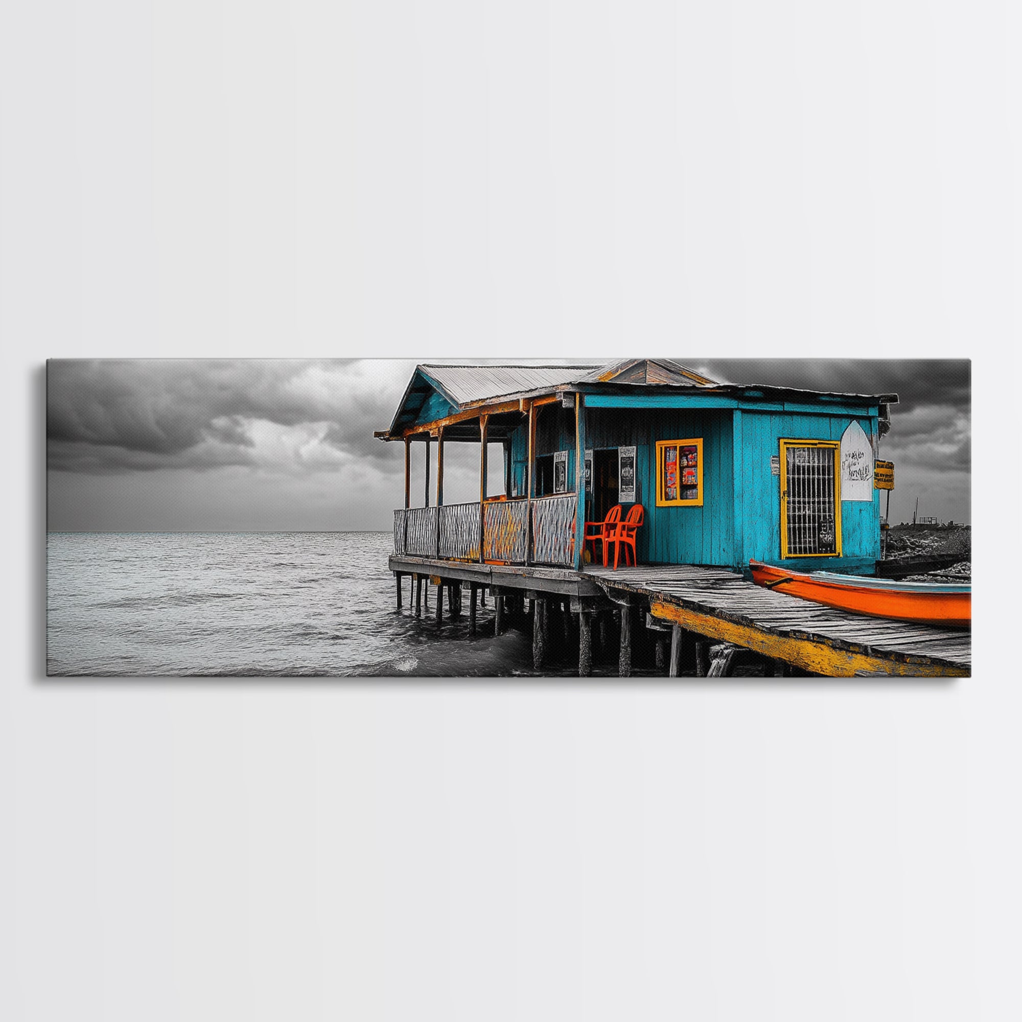 Rustic Shack, Ocean Pier, Stormy Skies, Tropical Retreat, Framed Canva ...