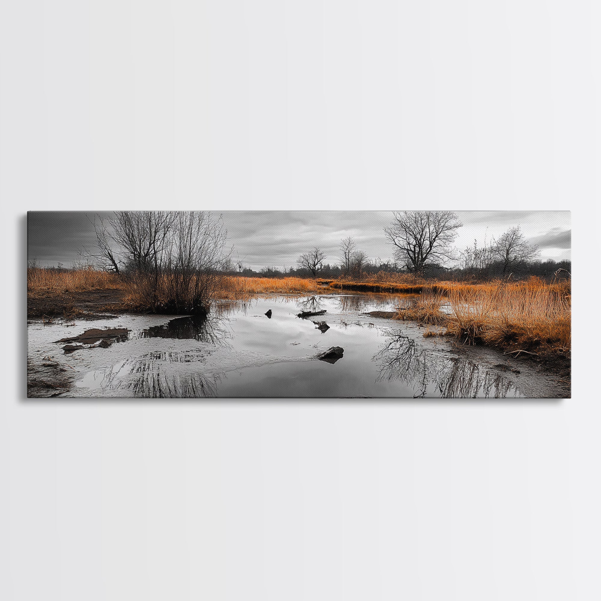 Marshland Autumn, Nature Landscape, Golden Hour Swamp View, Framed Can ...