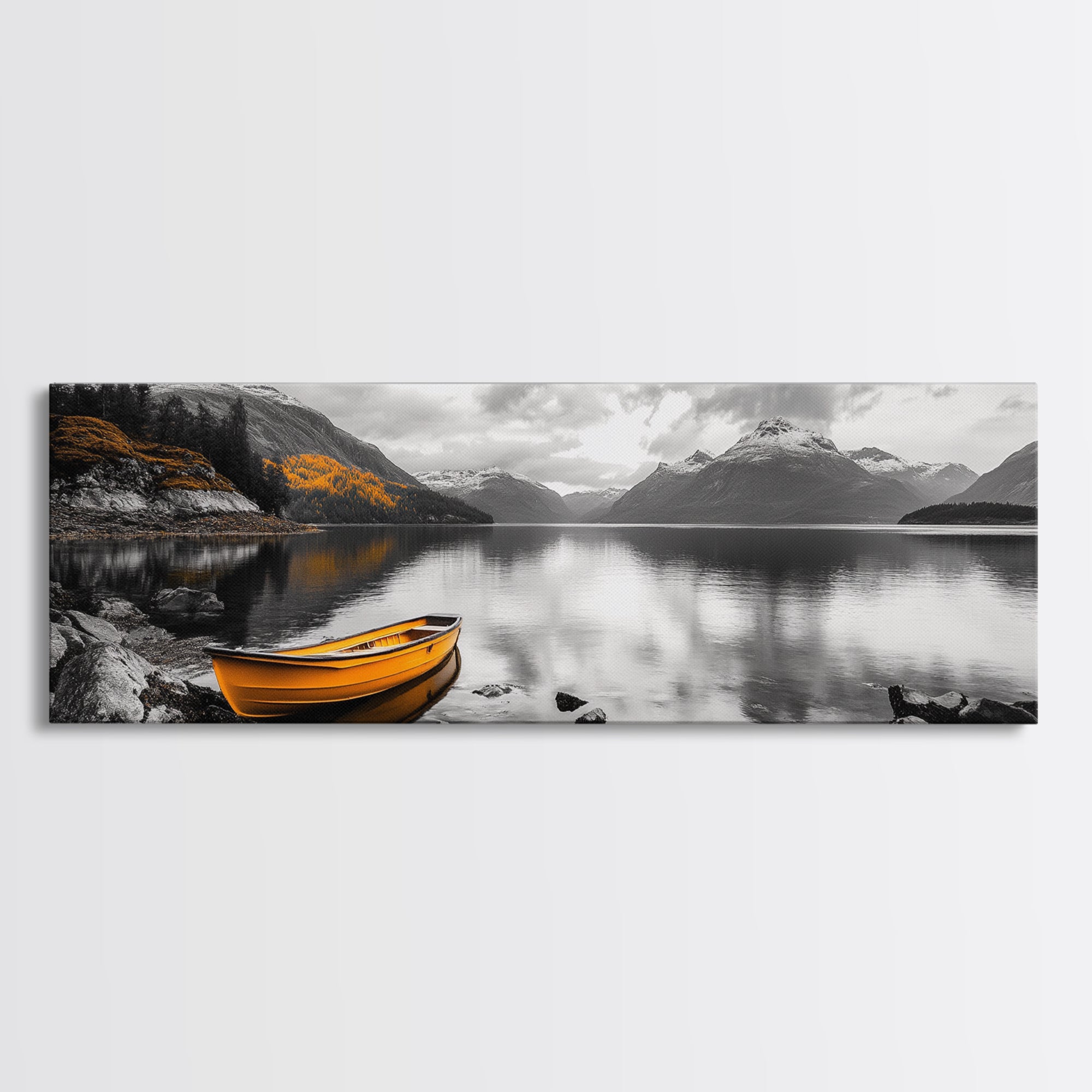 Golden Rowboat Reflections, Lake Mountain Art, Scenic Boat Landscape ...