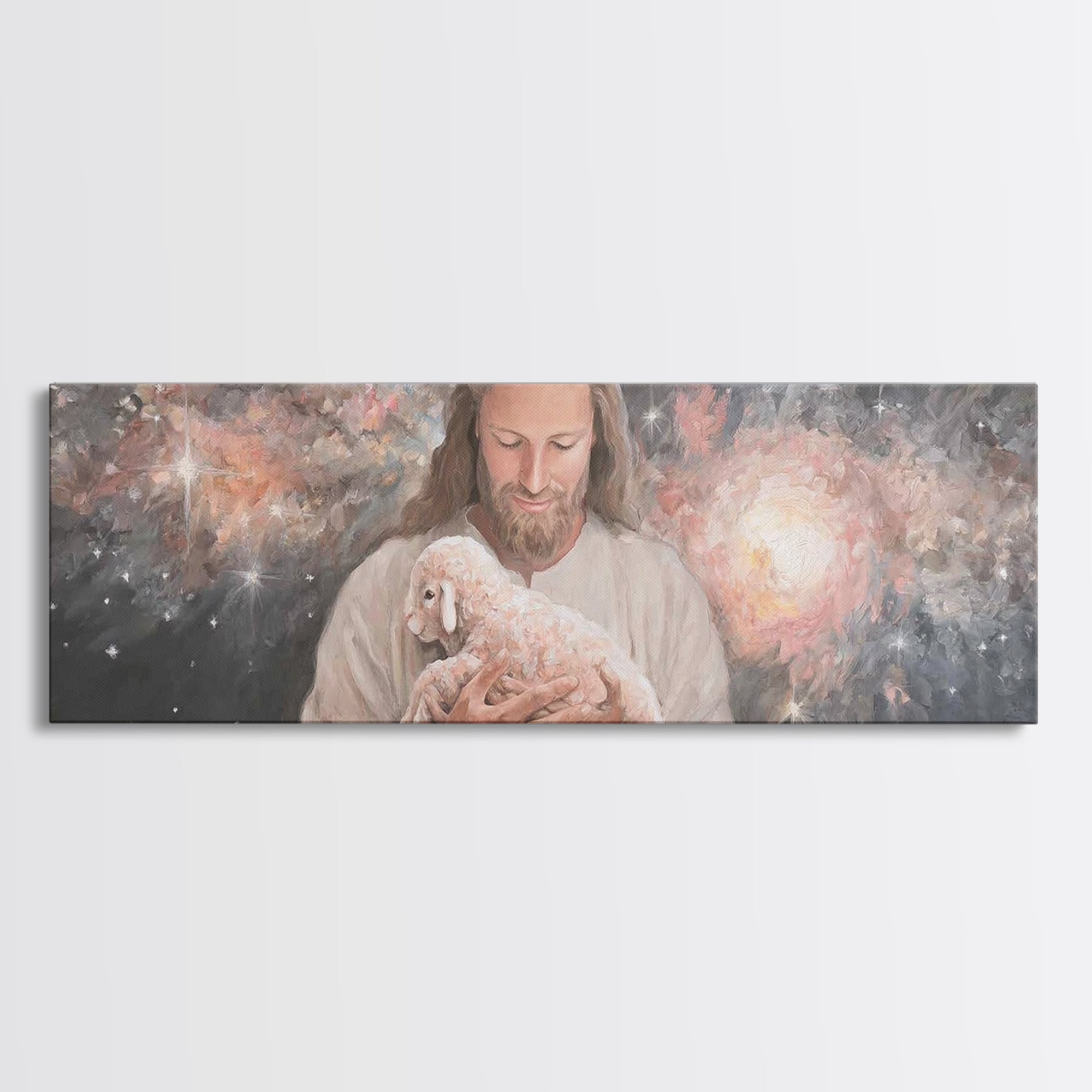 Galactic Embrace, Framed Canvas Print, Panoramic Painting, Jesus Art P ...