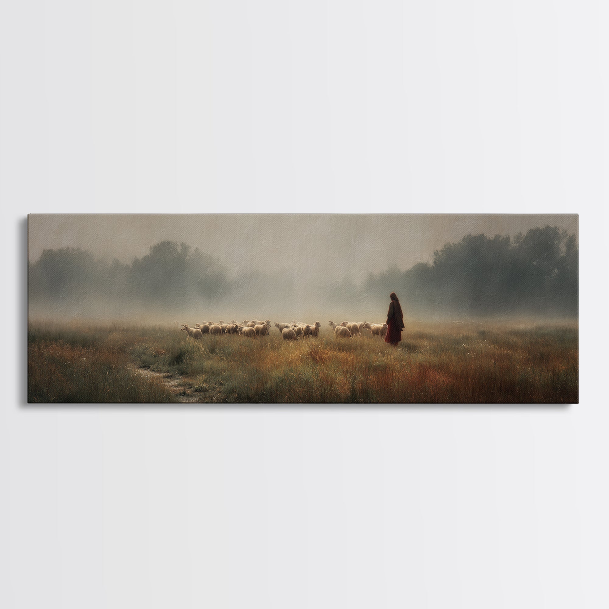 Misty Shepherd Field | Framed Canvas Print | Panoramic Painting | Chri ...