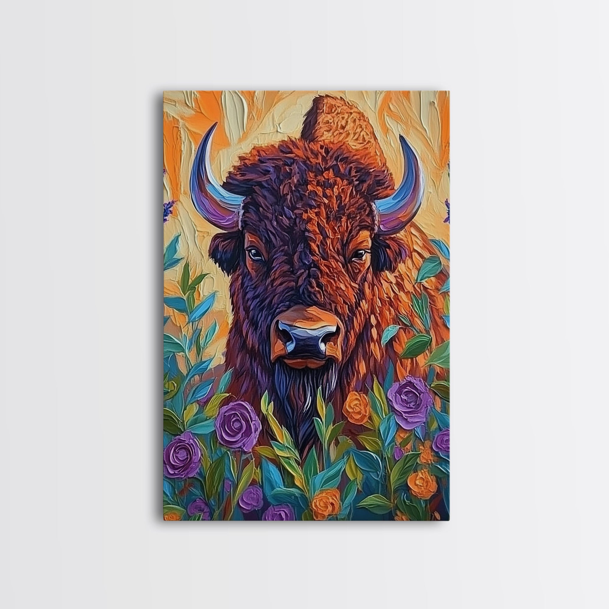 Floral Bison, Wildflower Painting, Rustic Wall Art, Boho Art, Framed C ...